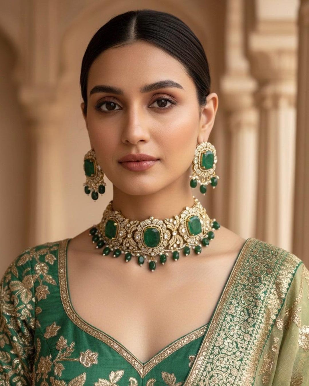 MAISHA Emerald Green Kundan Cz Choker Necklace Set in Doublet Stone ...