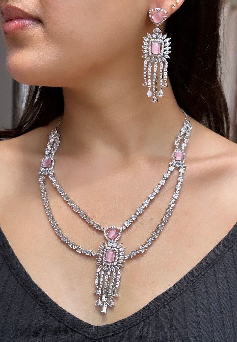 Light Pink Pendant Set in American Diamond / Classy High Quality ...