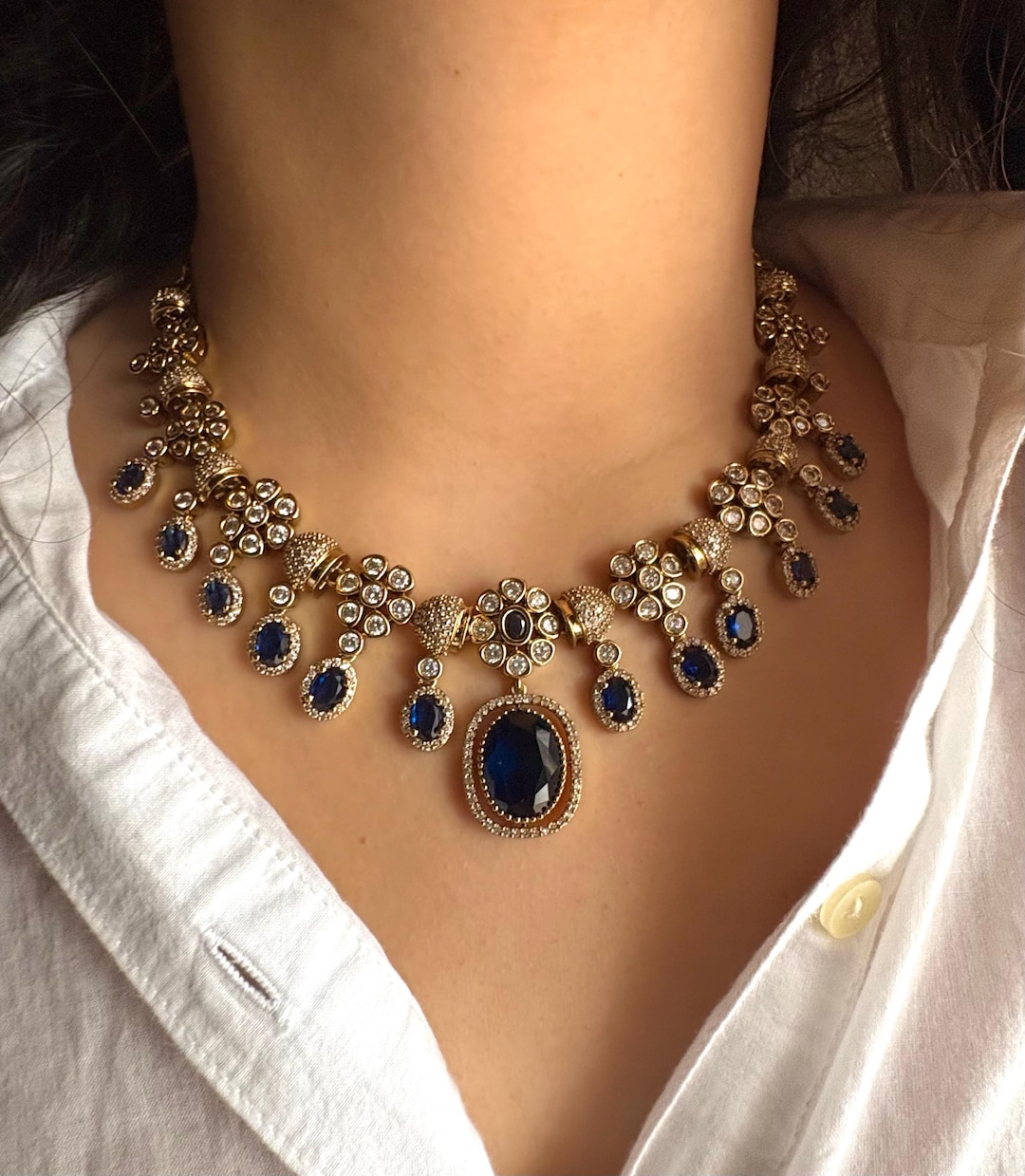 RIMAYA Sabyasachi Inspired Sapphire Blue Kundan and Zircon Sleek ...