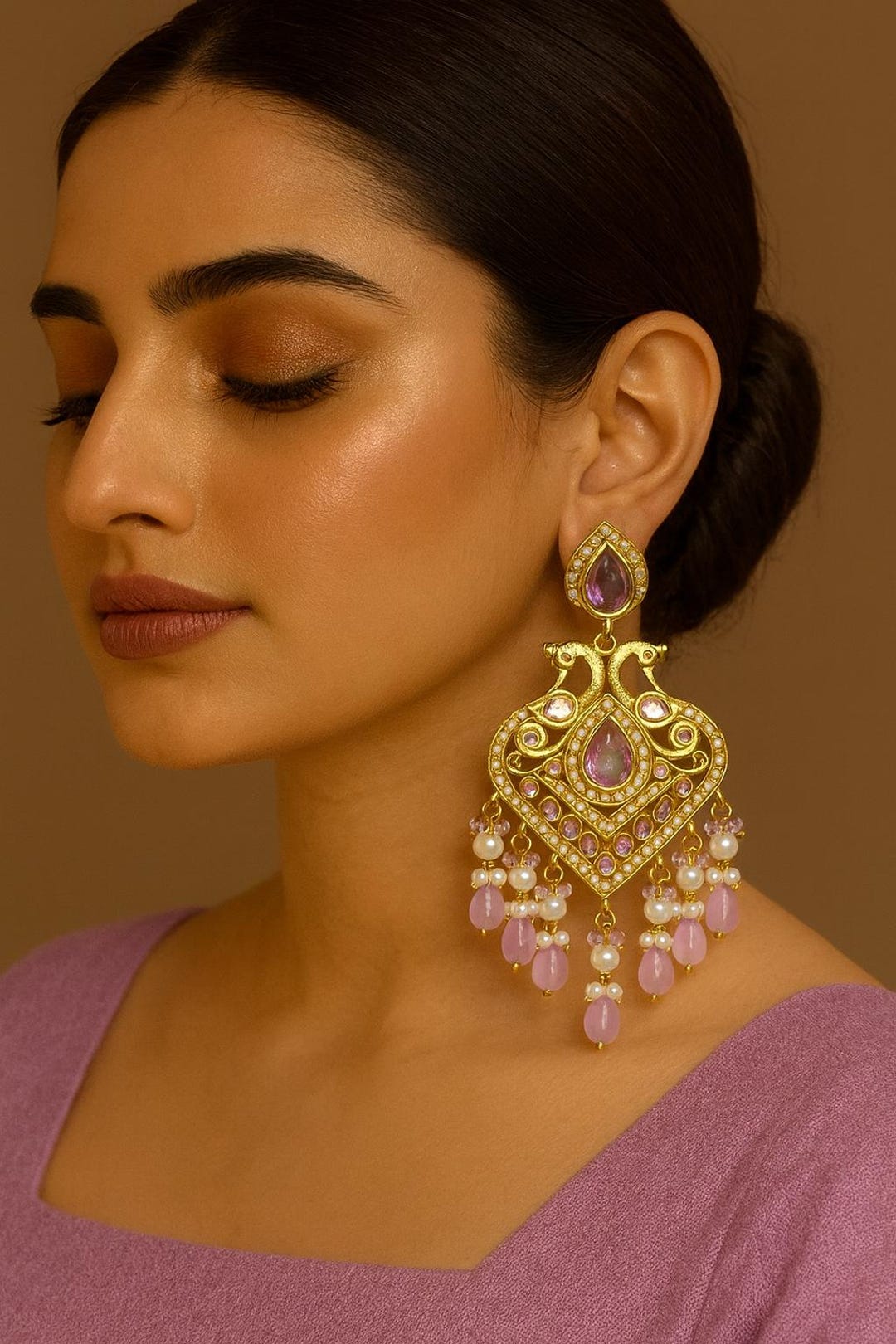RIYA Lilac Purple Gold Tone Royal Kundan Chandbali / Indian Earrings ...