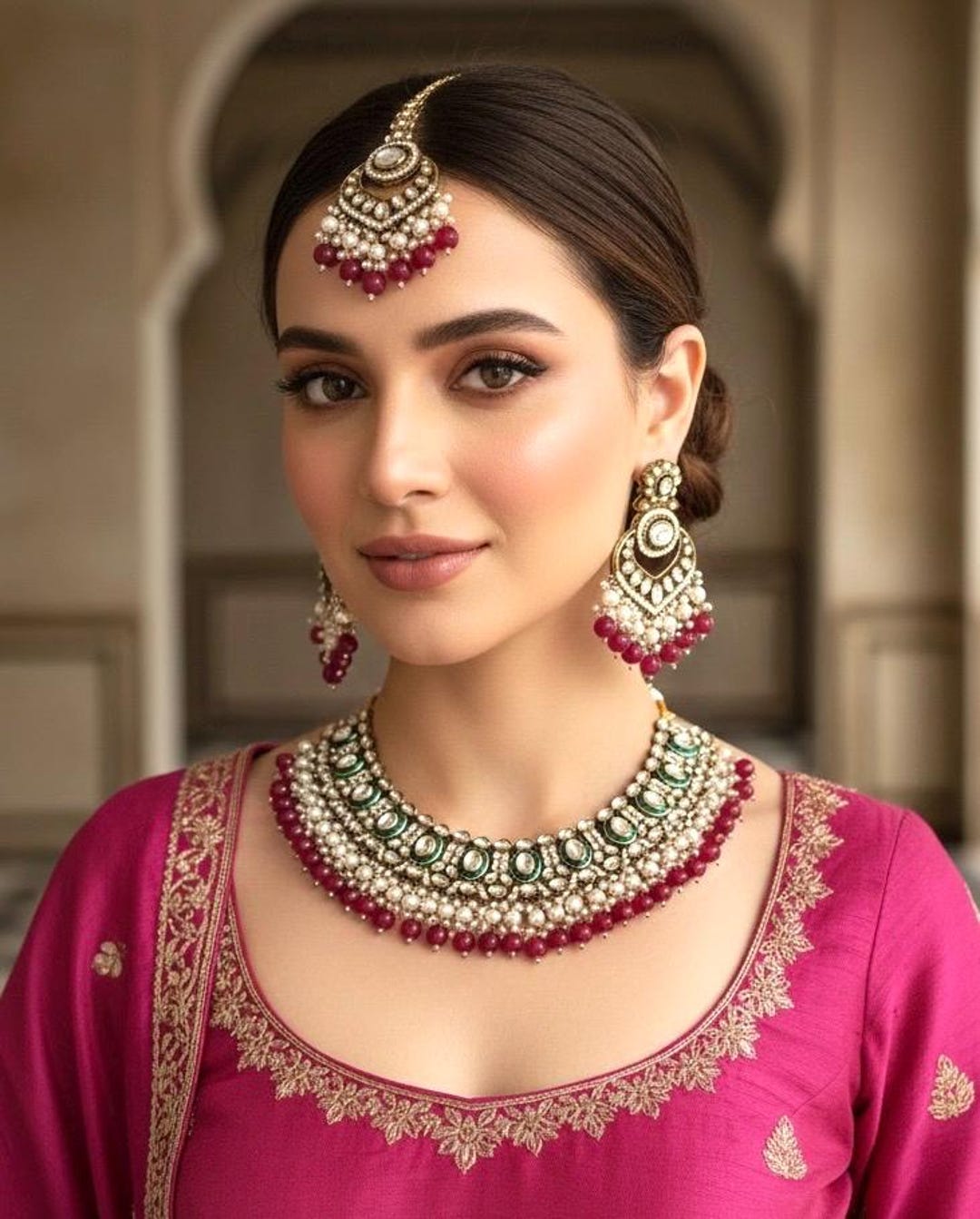 JESMINA Rani Pink Cz Kundan and Zircon Necklace Set, Maangtika Included ...