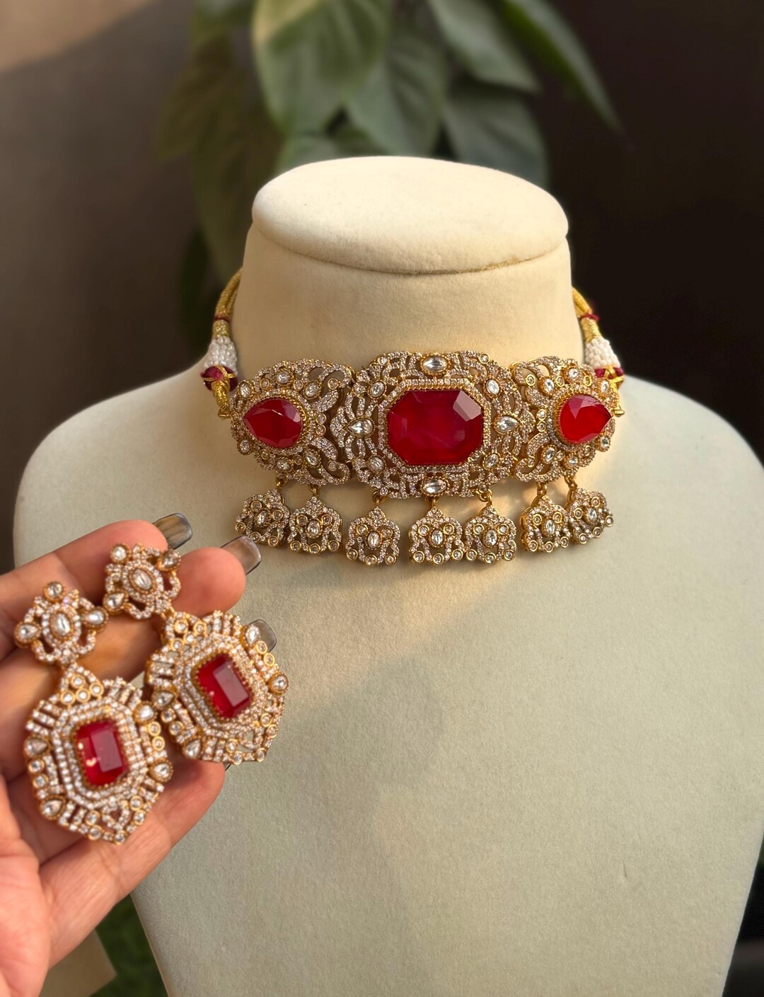 NAAZ Ruby Red Victorian Style Sabyasachi Polki Kundan Choker Set,cz ...