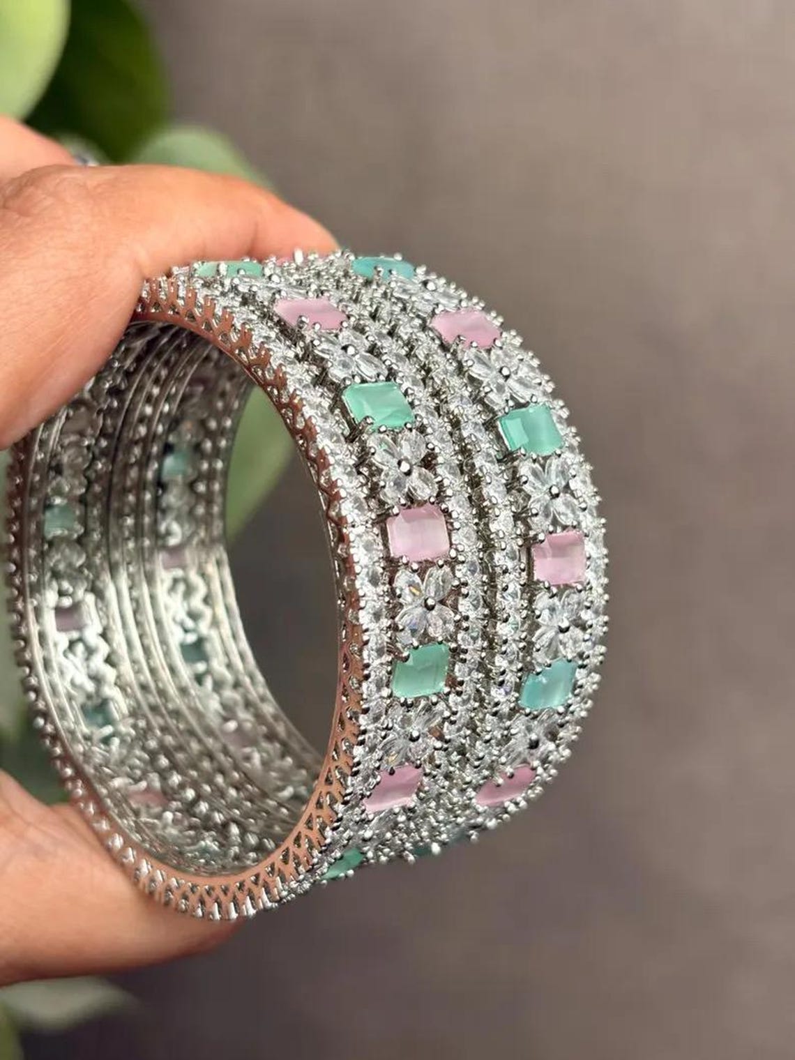 SIMI American Diamond Bangle Set in Mint Pink Stones, AD Bangle Set of ...