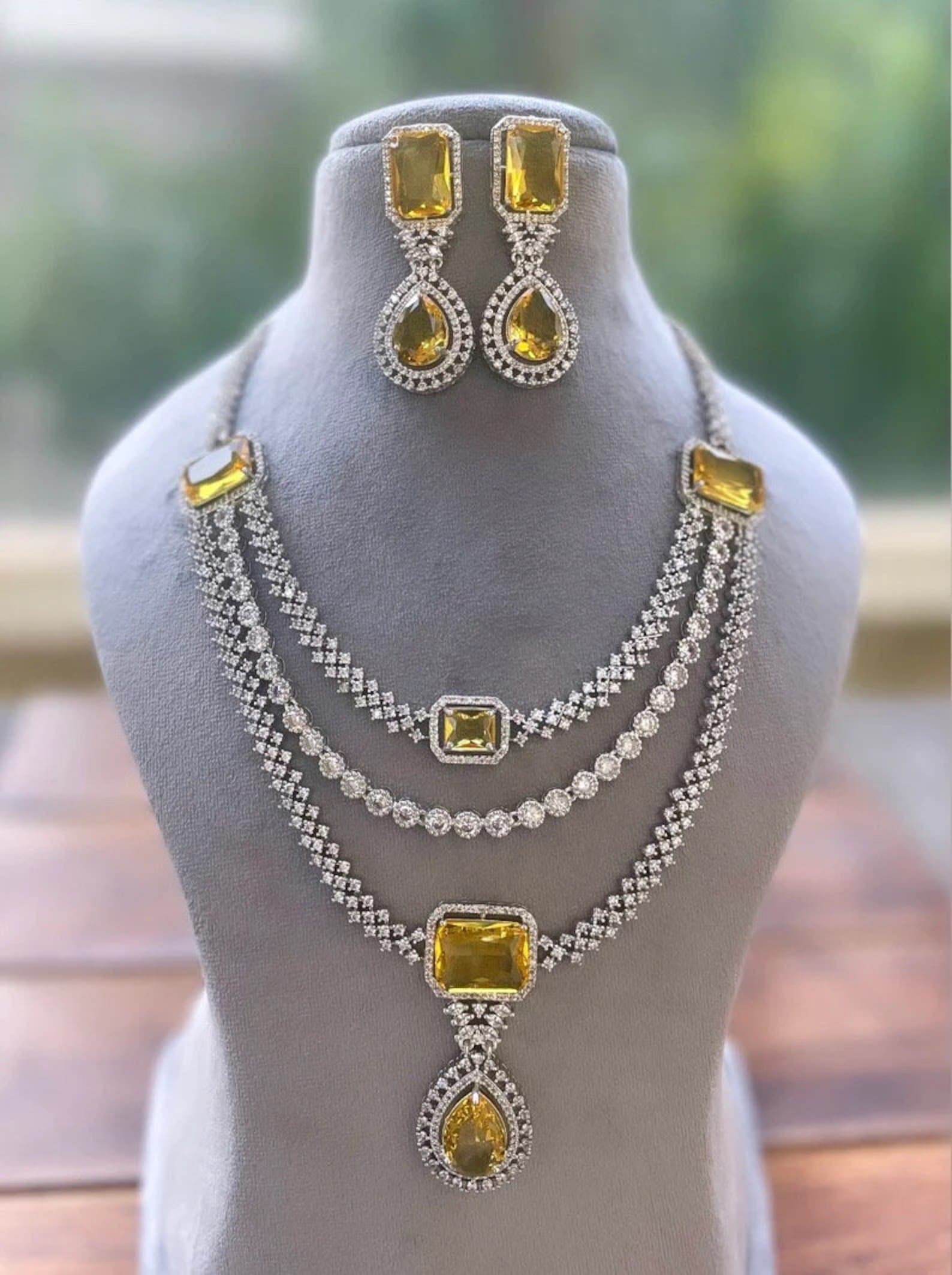 Multilayer Ruby Red Necklace Earrings Statement American Diamond ...