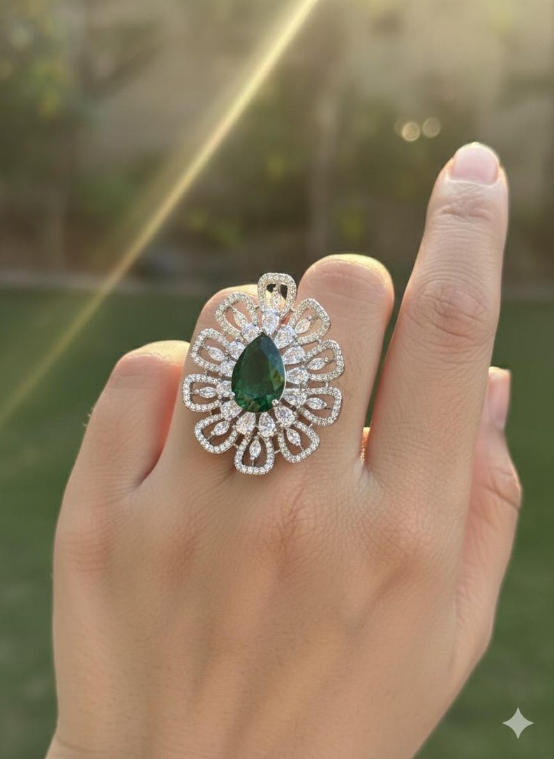 AMY Emerald Green Cocktail Ring ,adjustable American Diamond Ring ,high ...