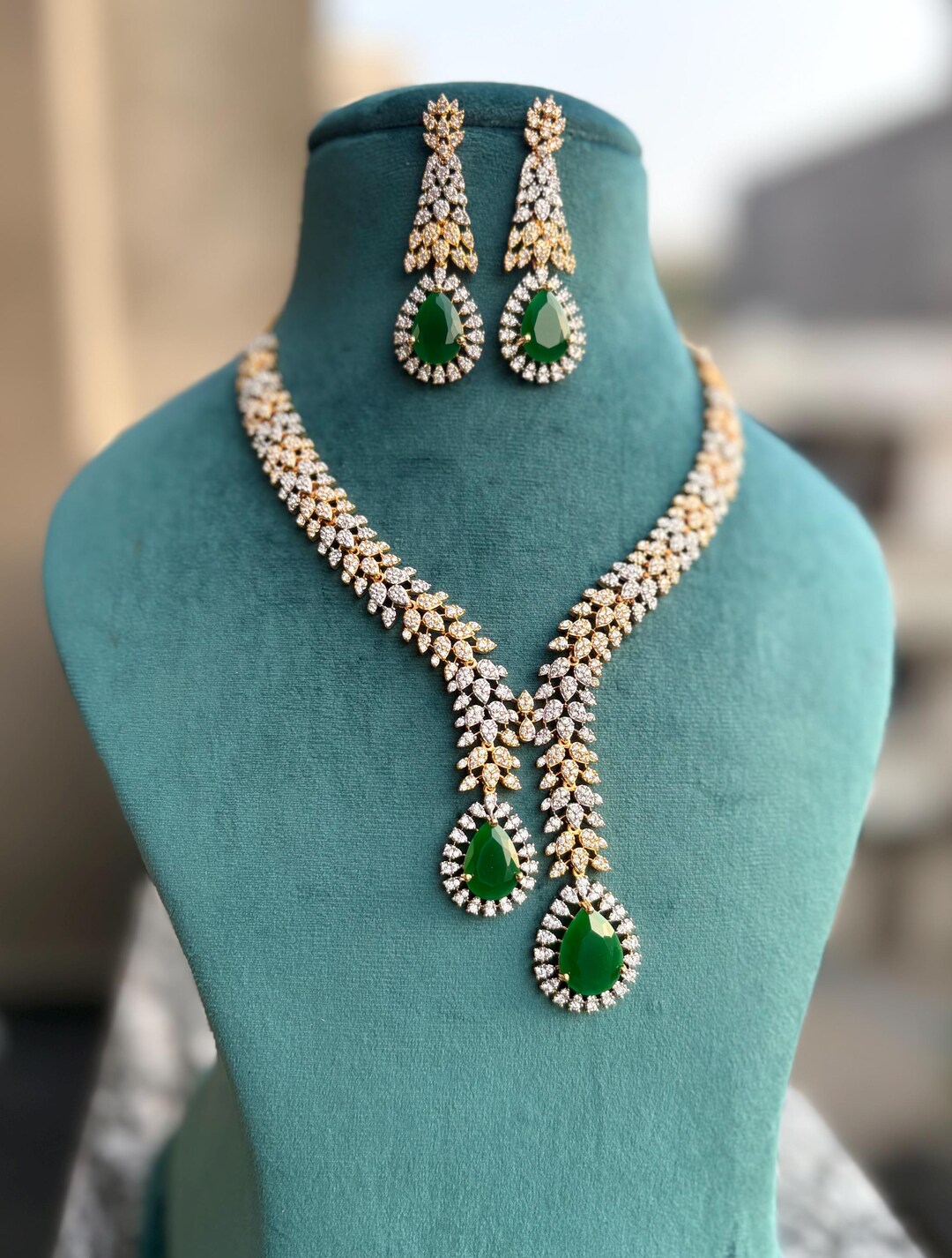 TVISHA Real Diamond Look Gold Silver Finish Green Colour American Diamond Necklace Set Two Tone ...