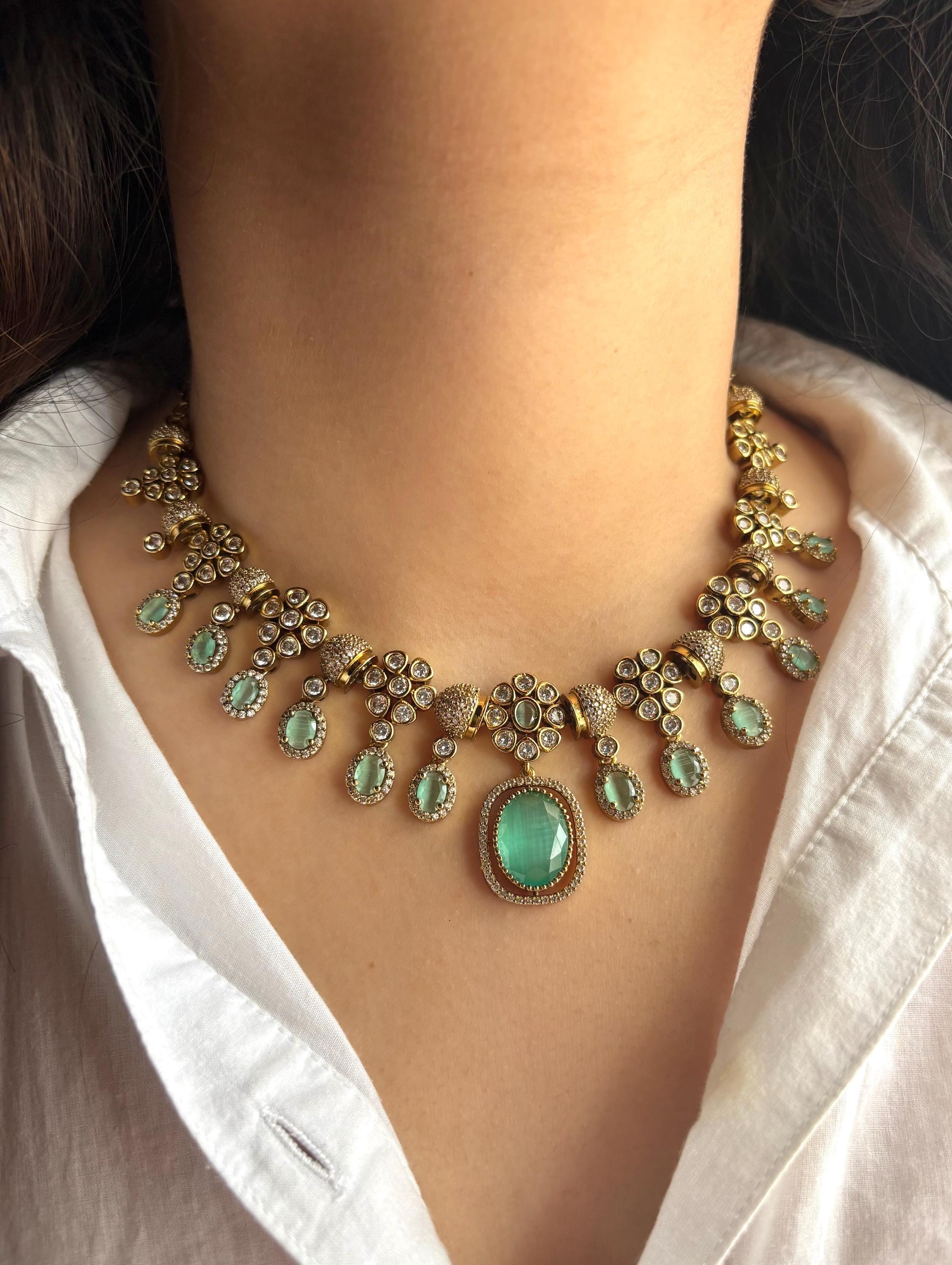 RIMAYA Sabyasachi Inspired Mint Green Colour Kundan and Zircon Sleek ...