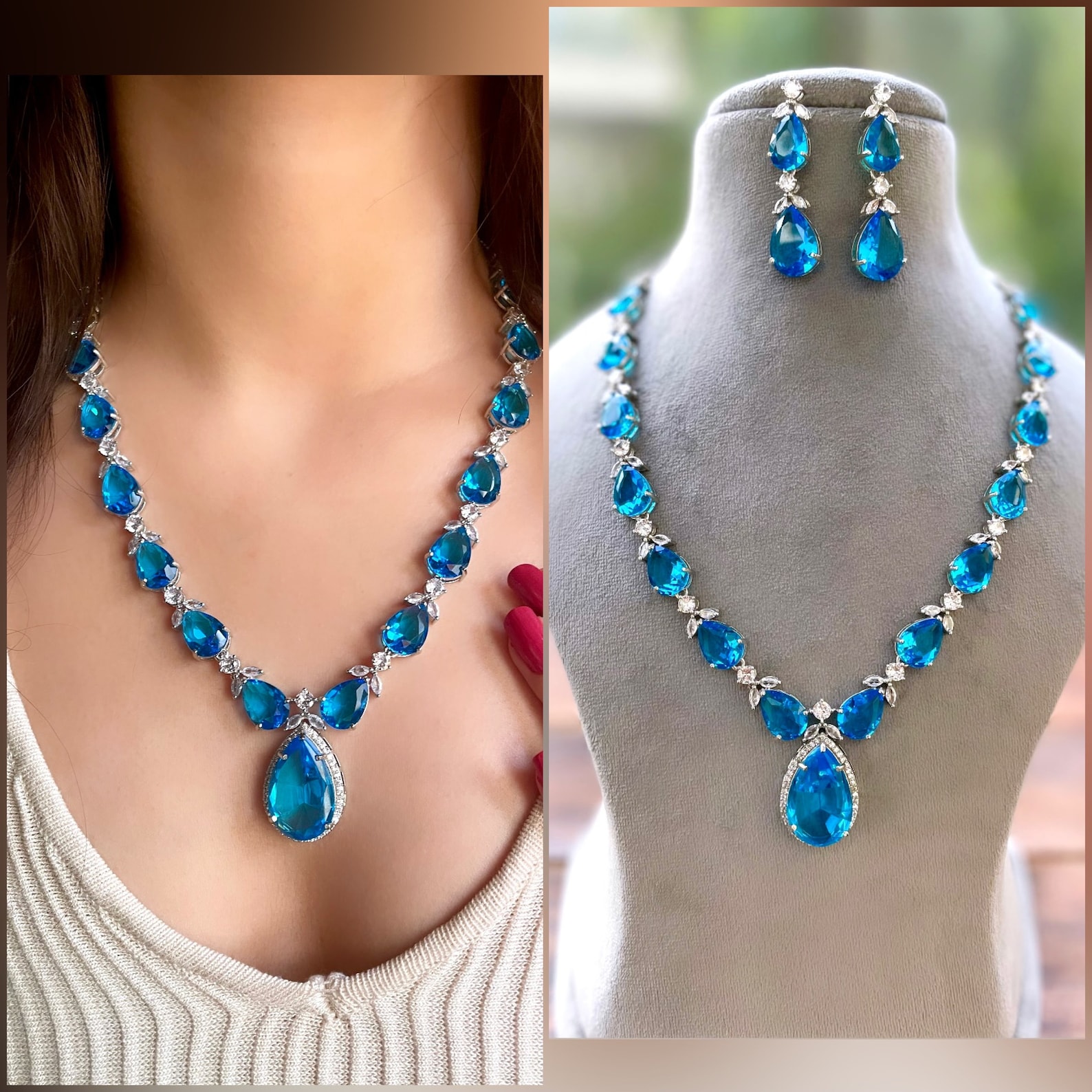 Aqua Blue American Diamond Pendant Set ,classy Cz Zircon Jewelry,prom ...