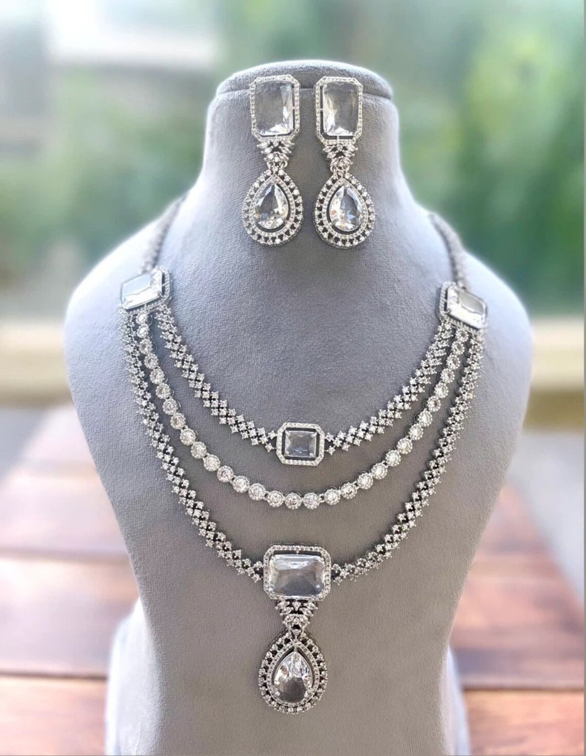 Multilayer Ruby Red Necklace Earrings Statement American Diamond ...