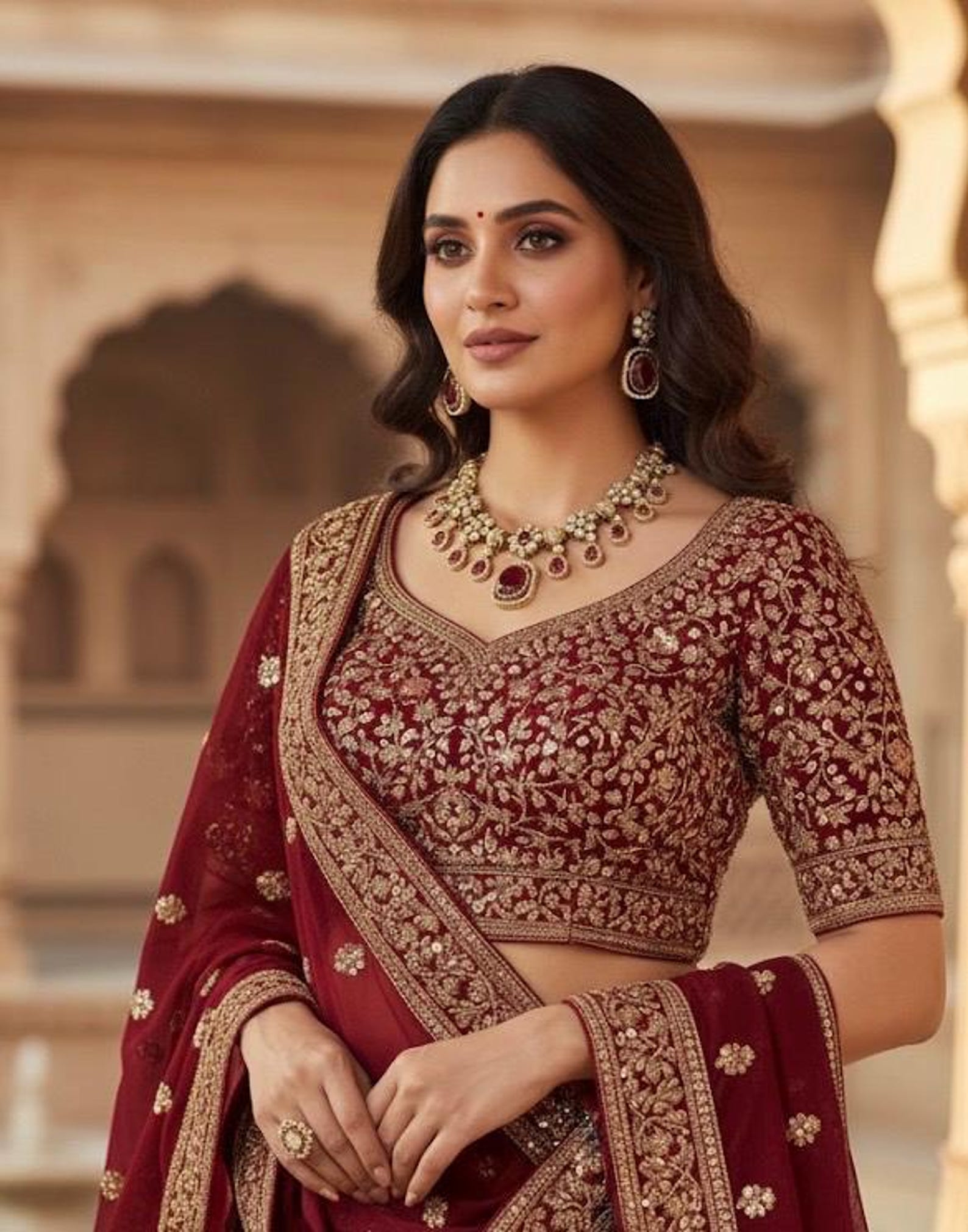 RIMAYA Sabyasachi Inspired Red Colour Kundan and Zircon Sleek Necklace ...