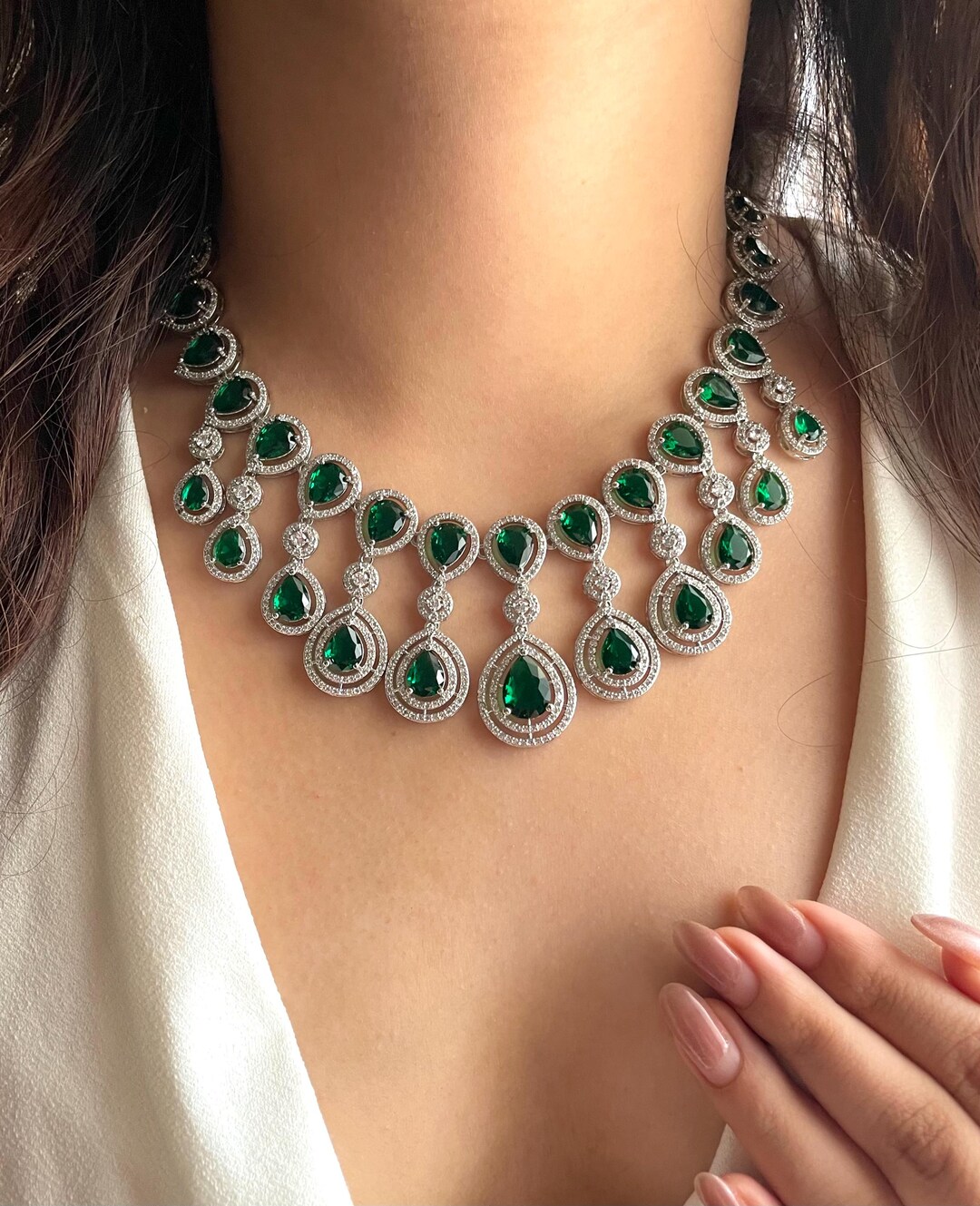 NAAZ Emerald Green CZ Necklace American Diamond Necklace Indian Jewelry ...