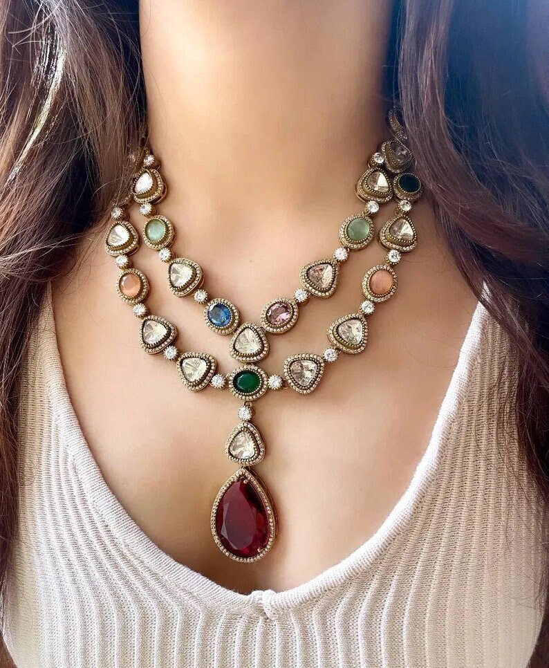 MRIDA Sabyasachi Inspired Ruby Red Victorian Style Uncut Polki Necklace Set,indian Bridal ...