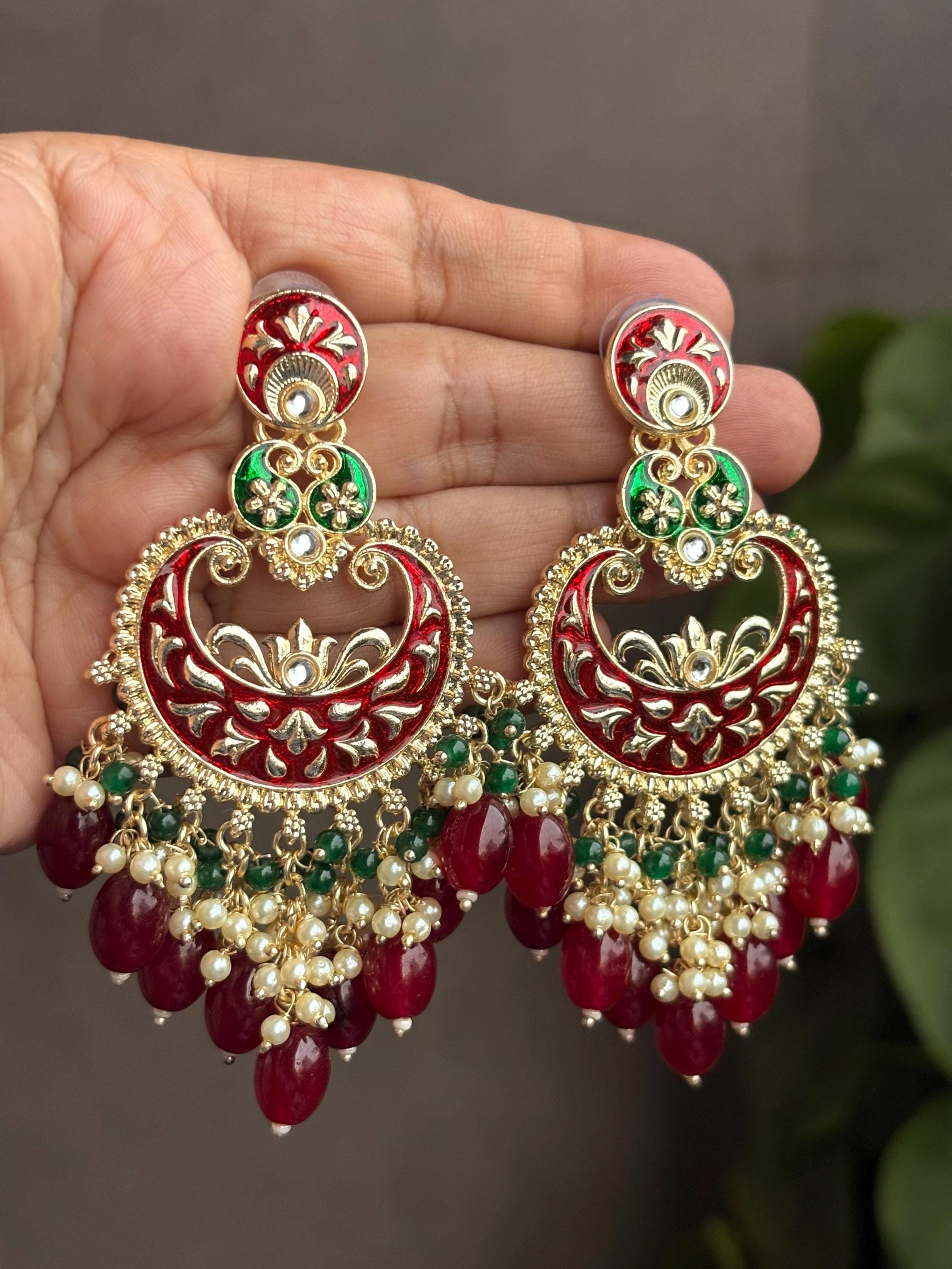 AADHYA Maroon Green Kundan and Meenakari Earrings/bollywood Ethnic ...