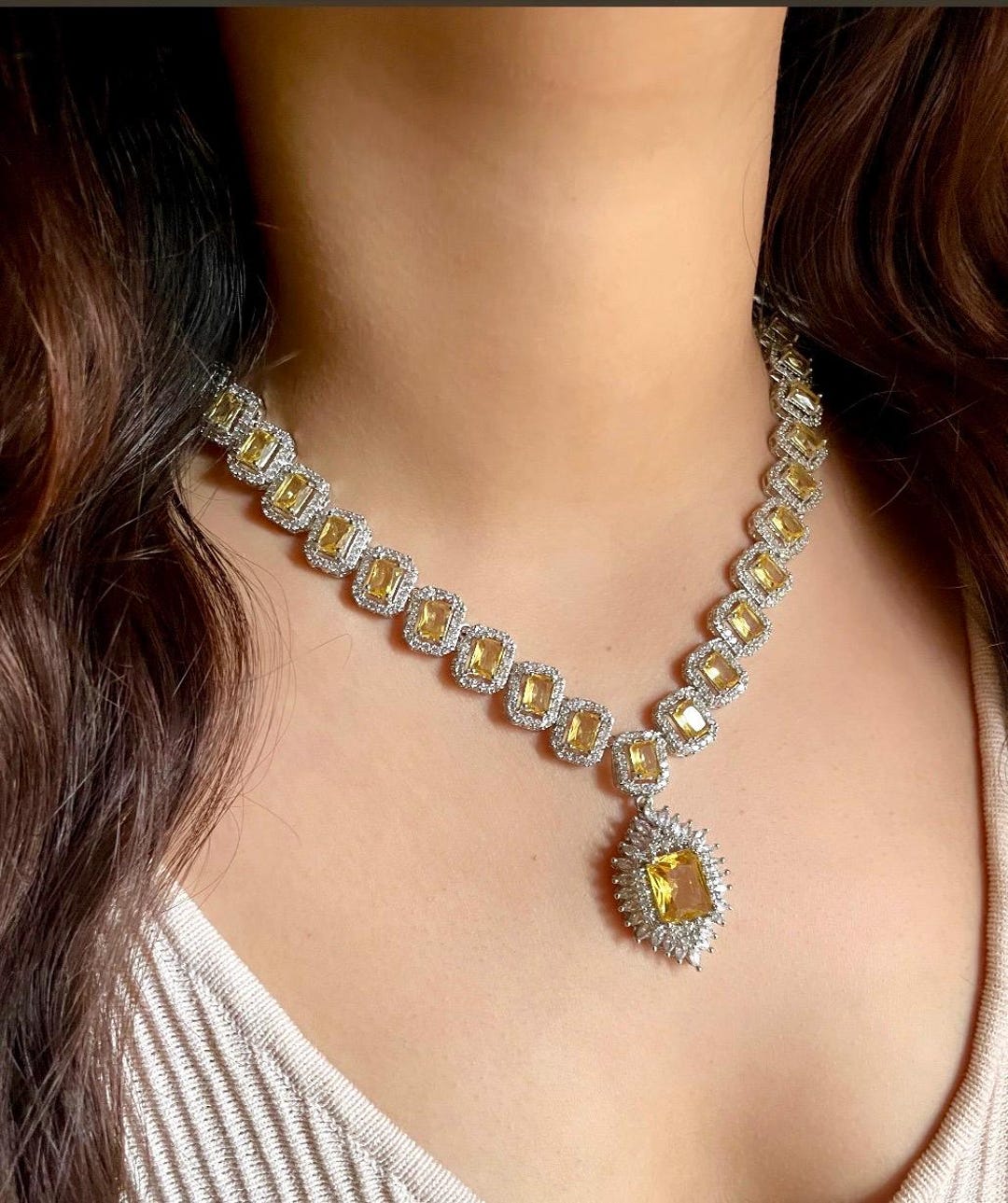 Classy Yellow Pendant Set in American Diamond High Quality Cz Zircon ...