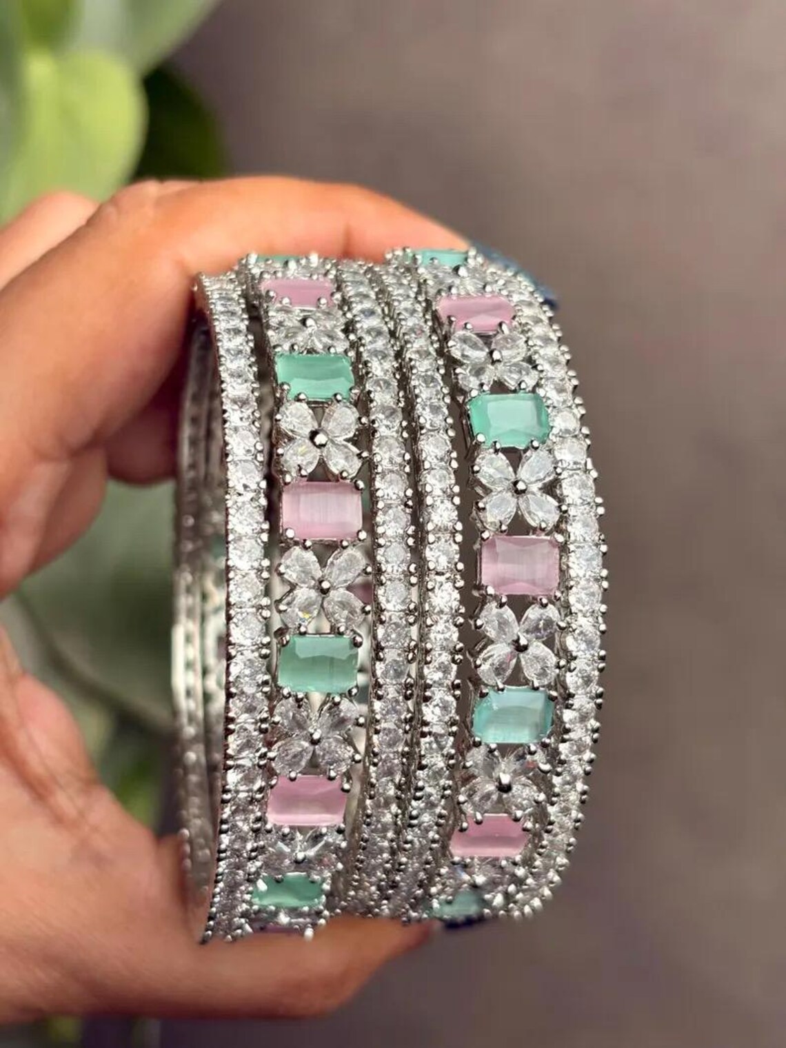 SIMI American Diamond Bangle Set in Mint Pink Stones, AD Bangle Set of ...