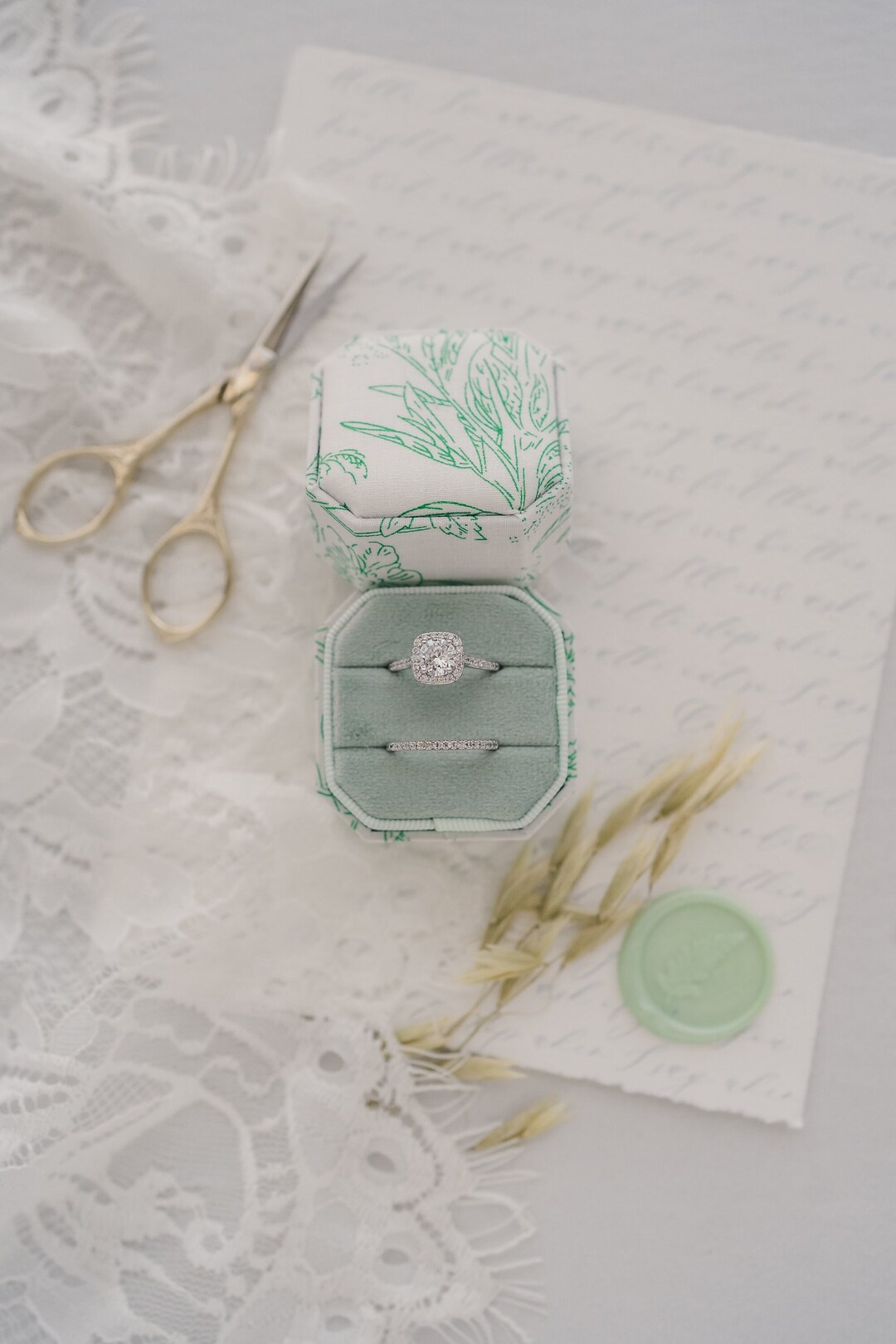 Green Toile Linen Ring Box: Sage Velvet Double Slot Bridal Jewelry ...