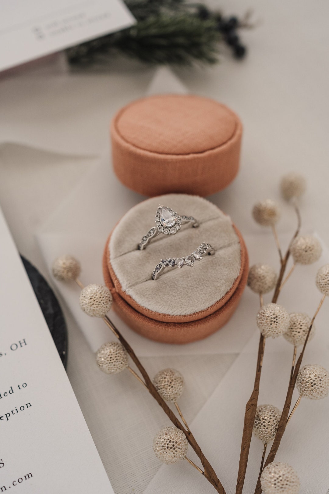 Burnt Orange Linen Ring Box | Velvet and Linen Double Slot Circle ...