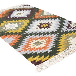 Multi Color Wool Rug 2' X 3' Modern Dhurrie Bohemian Southwestern Small ...