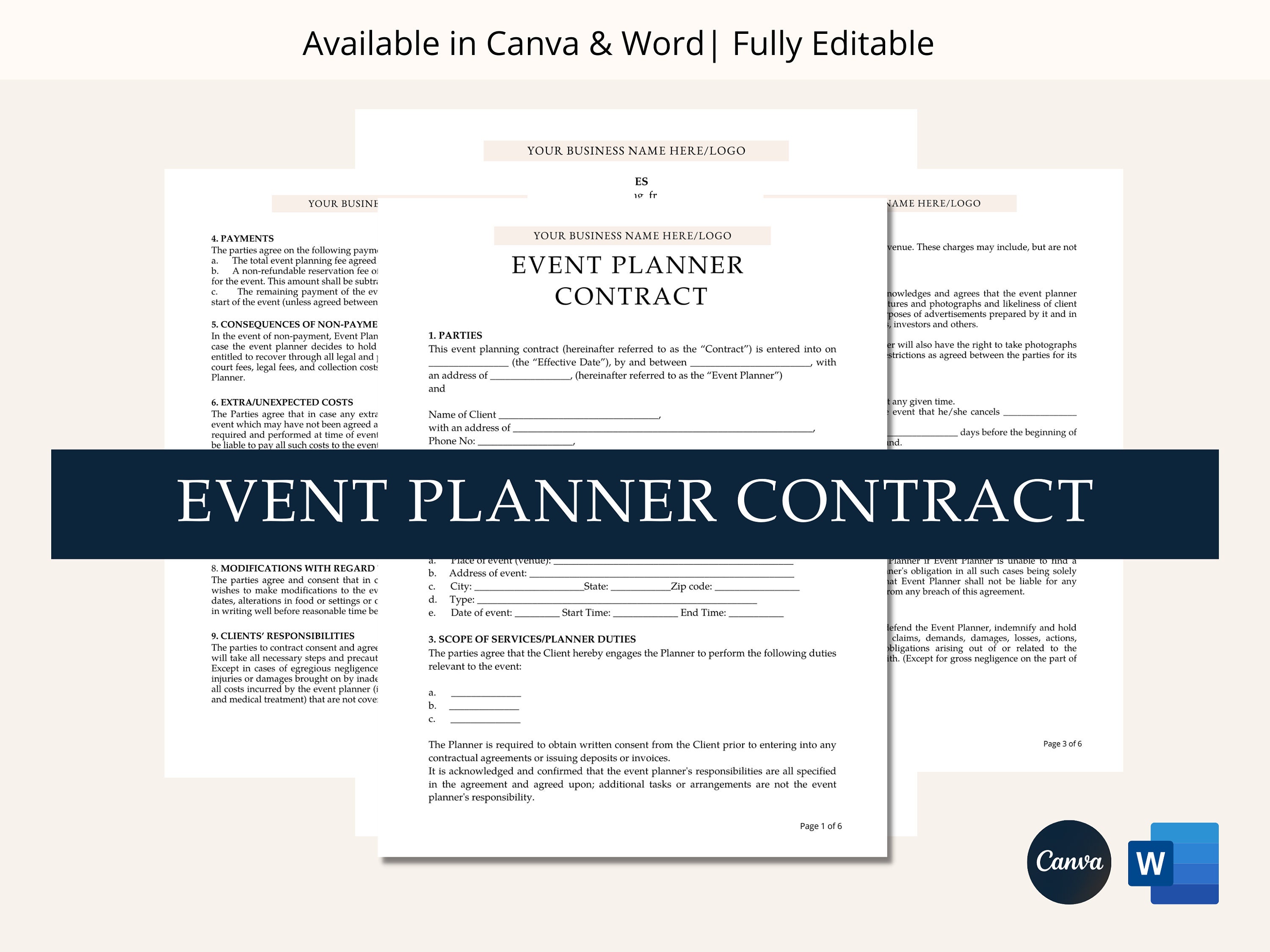 Event Planner Contract | Canva Contract Template | Microsoft Word ...