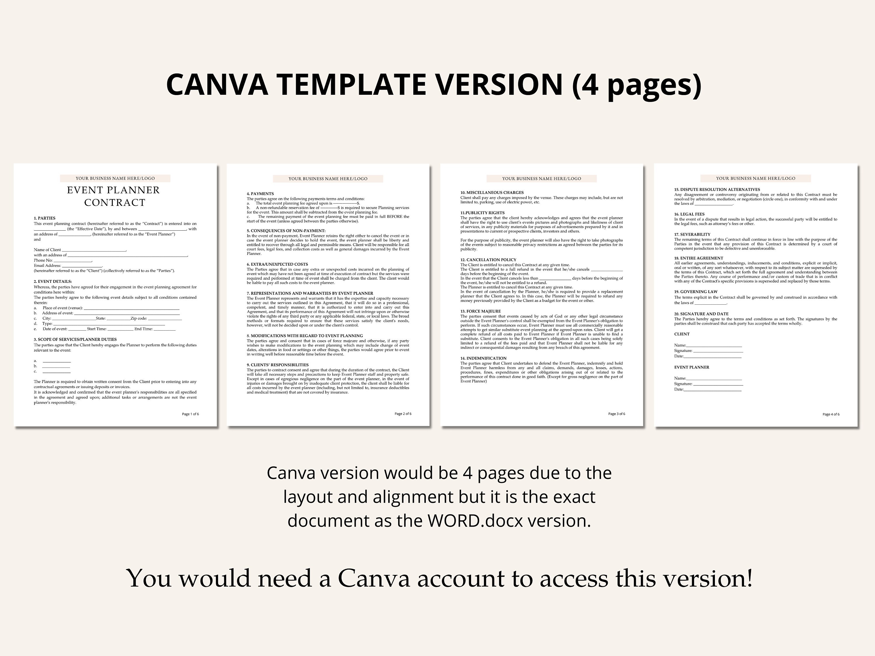 Event Planner Contract | Canva Contract Template | Microsoft Word ...