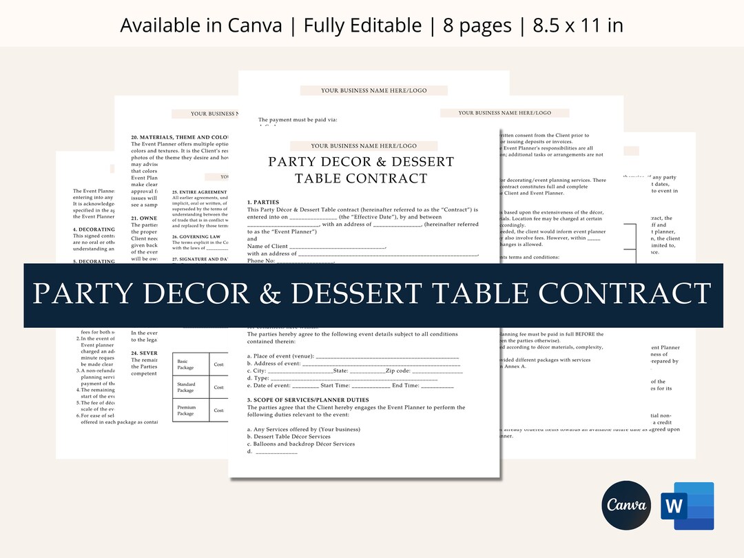 Party Decor and Dessert Table Contract | Canva Contract Template ...