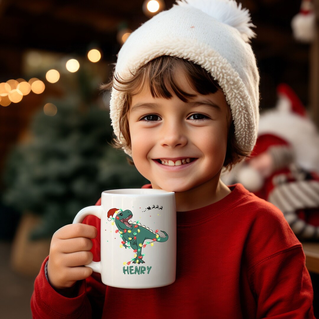 Kids Hot Cocoa Mug, Personalized Christmas Mug, Kids Dinosaur Hot ...