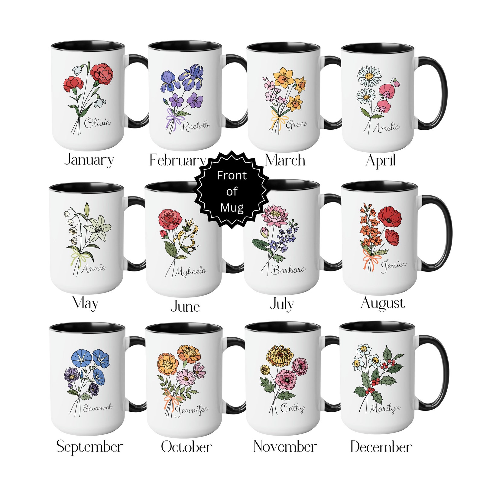Birth Flower Coffee Cup Personalized With Name, Custom Birth Flower ...