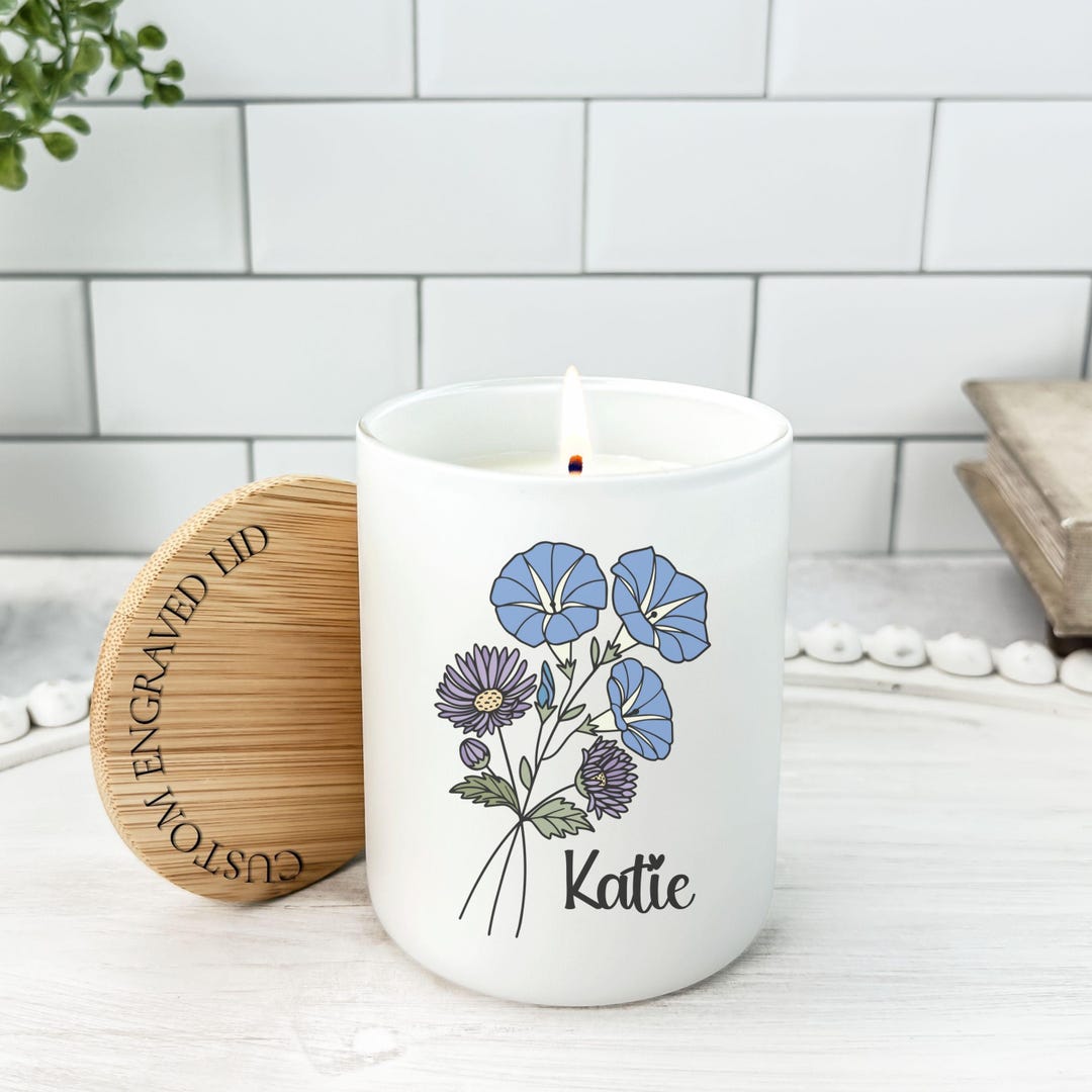 Birth Flower Candle Personalized With Name, Custom Birth Flower Gift ...