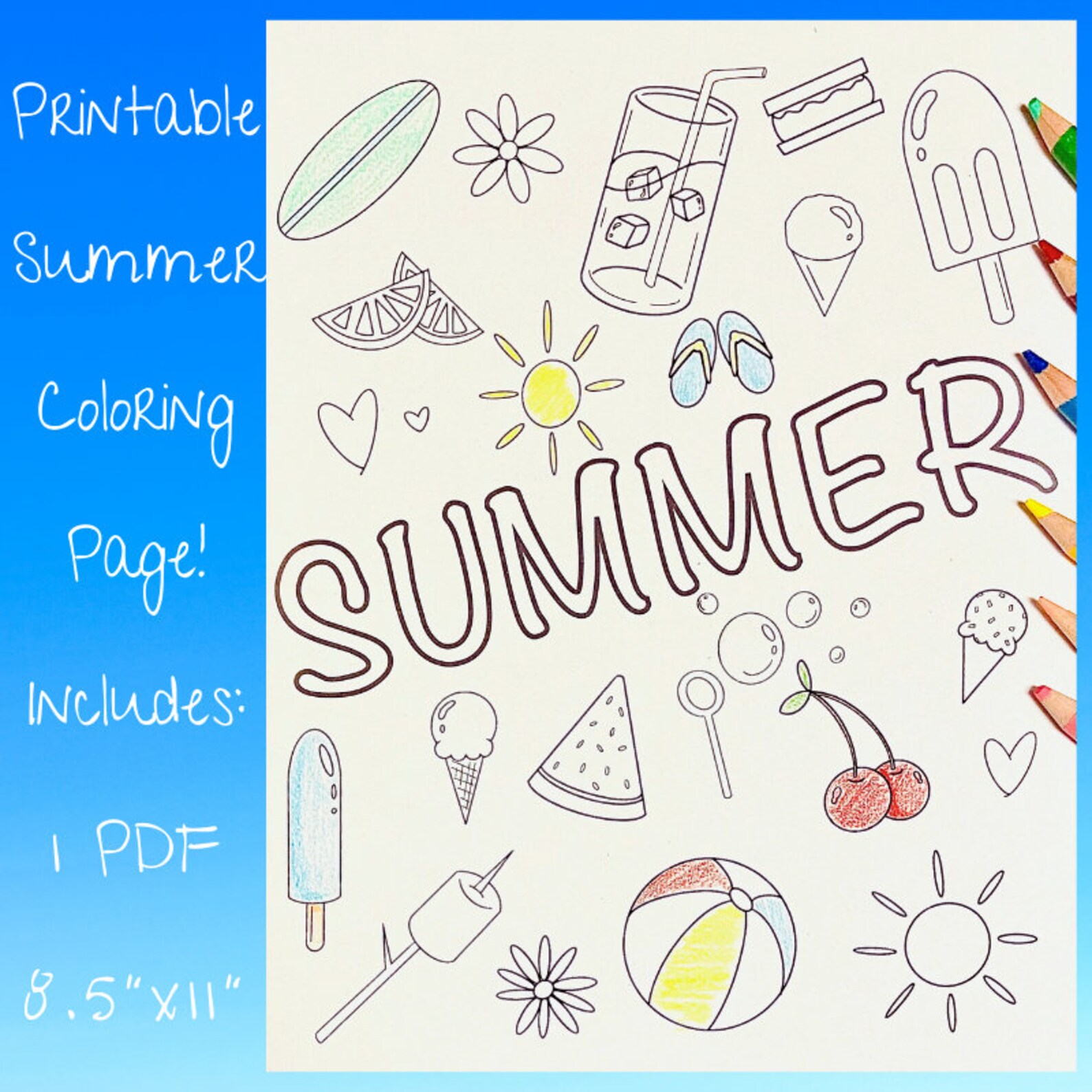 Summer Coloring Page- Printable Coloring Sheet, Digital Download, PDF ...
