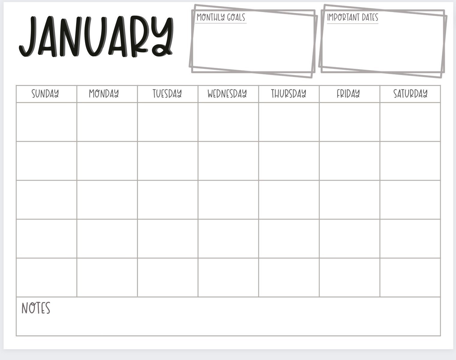 Printable Simple Monthly Calendar| Undated| 11 X 8.5 Inches | Simple ...