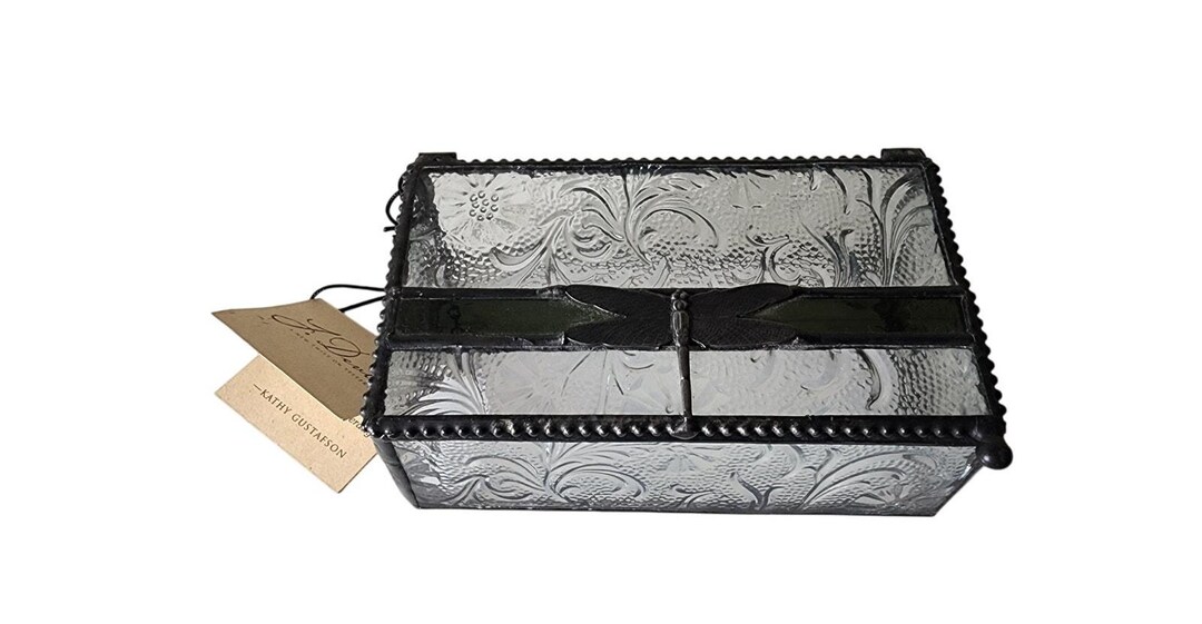 J. DEVLIN Glass Art Dragonfly Stained Textured Glass Metal Trim Trinket ...