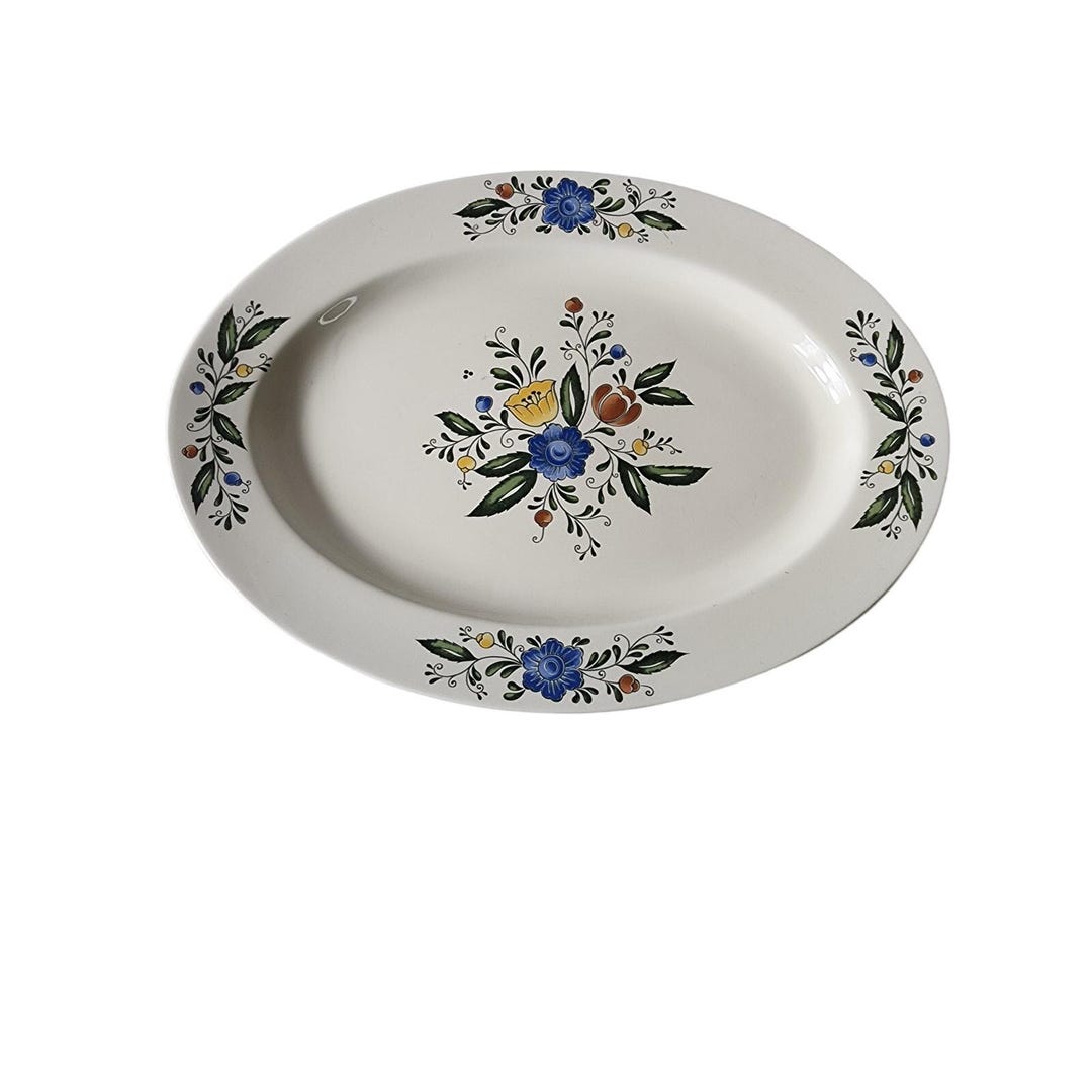 Vintage ASTA Japan Aszi Porcelain Oval Serving Platter Blue Yellow ...