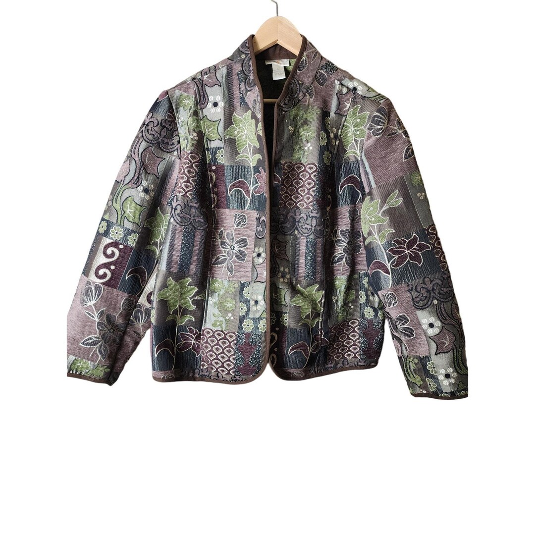 PRESWICK & MOORE Brown Patchwork Tapestry Woven Boxy Open Front Jacket ...
