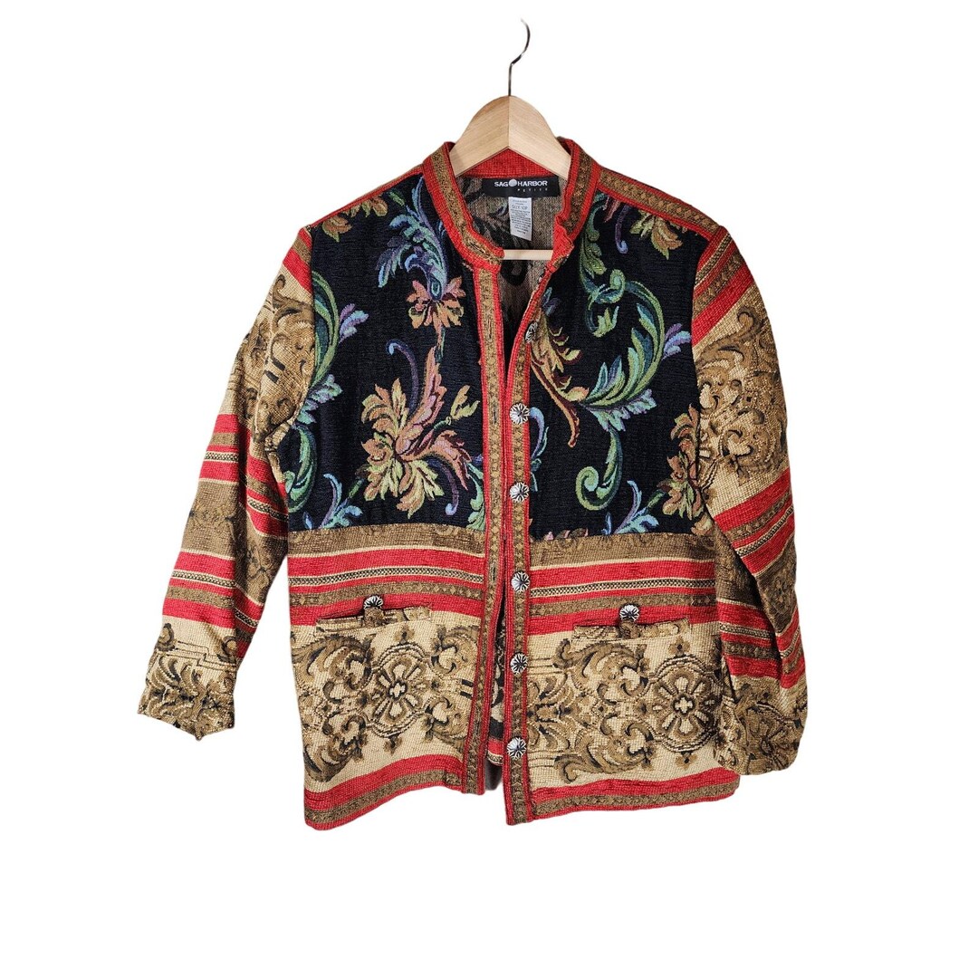 SAG HARBOR Women's Gold Red Black Tapestry Button up Boho Jacket SZ 10P ...