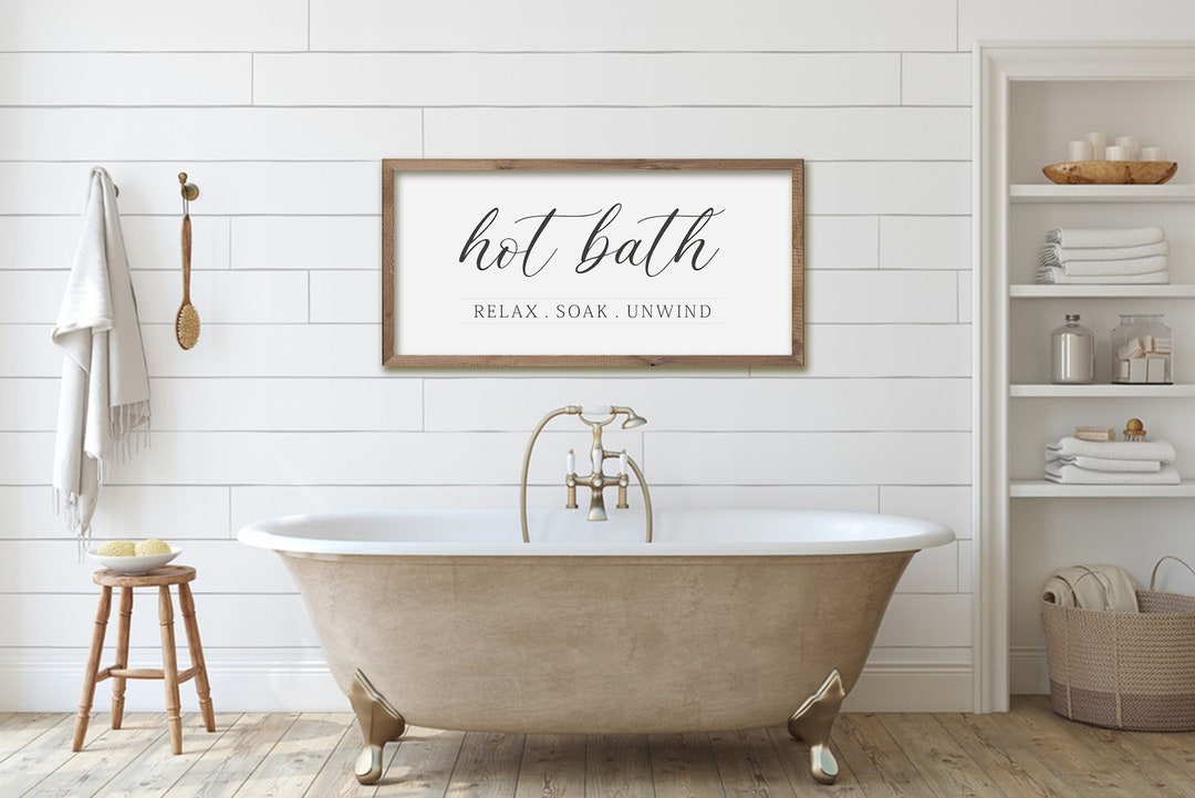 Bathroom Sign, Cute Hot Bath Sign Wood Sign, Black and White Bathroom ...