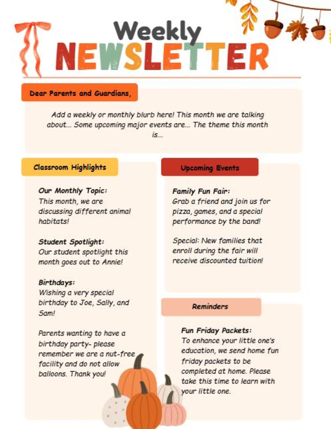 Editable Fall Parent Newsletter Template - Etsy