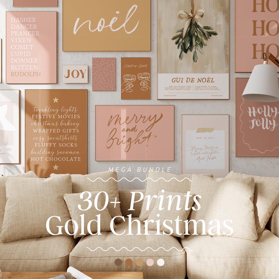 Gold Christmas Wall Art Gallery Set Beige Christmas Print, Trendy ...