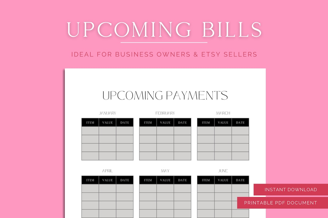 Upcoming Bills Tracker Printable // Business Finances, Bookkeeping ...