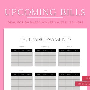 Upcoming Bills Tracker Printable // Business Finances, Bookkeeping ...