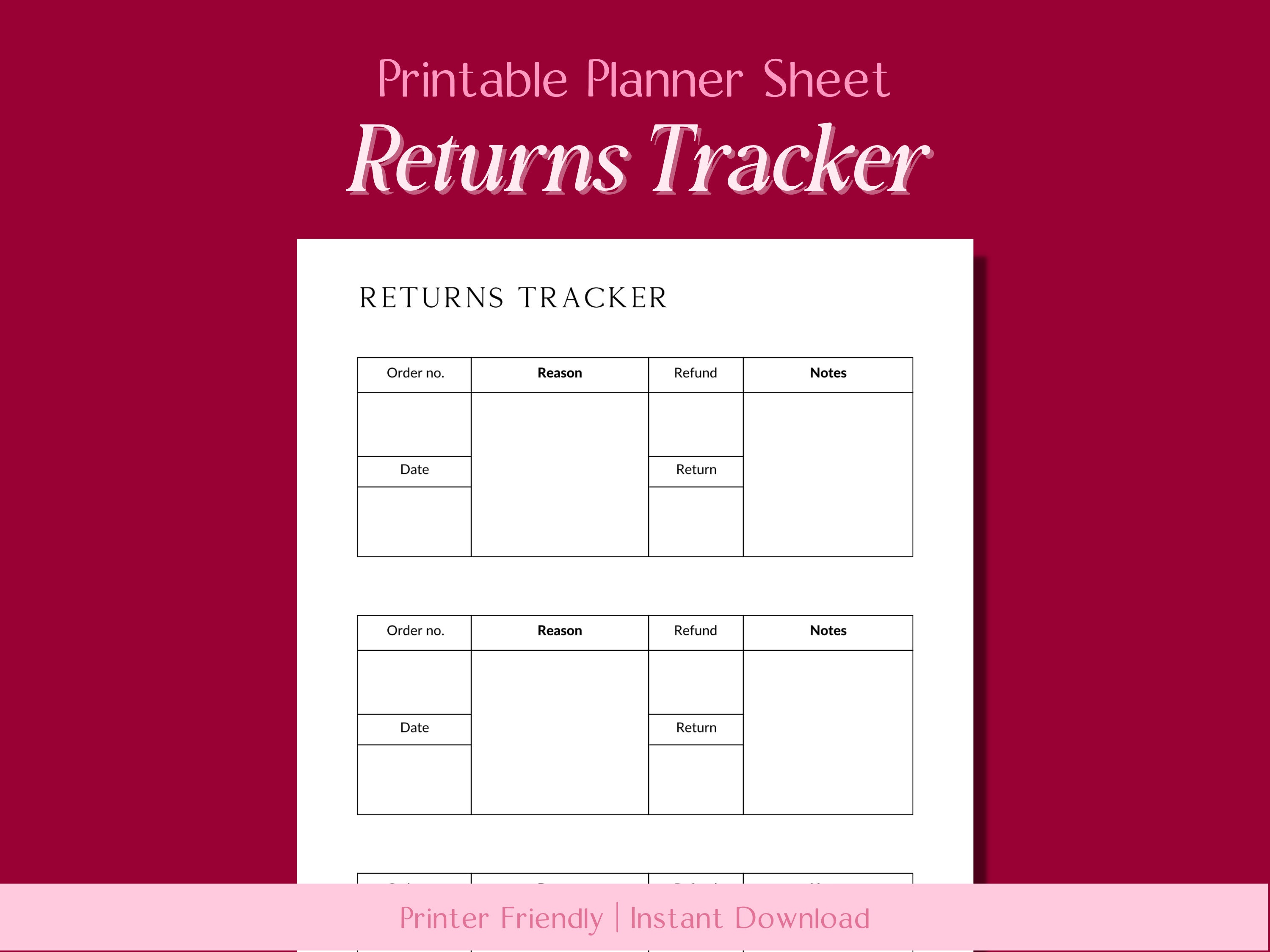 Returns Tracker Printable // Business Finances, Bookkeeping, Budget ...