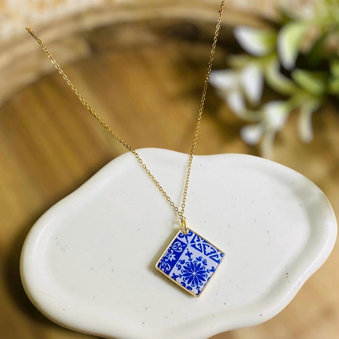 Handmade Blue and White Tile Pendant Necklace Santorini Inspired ...