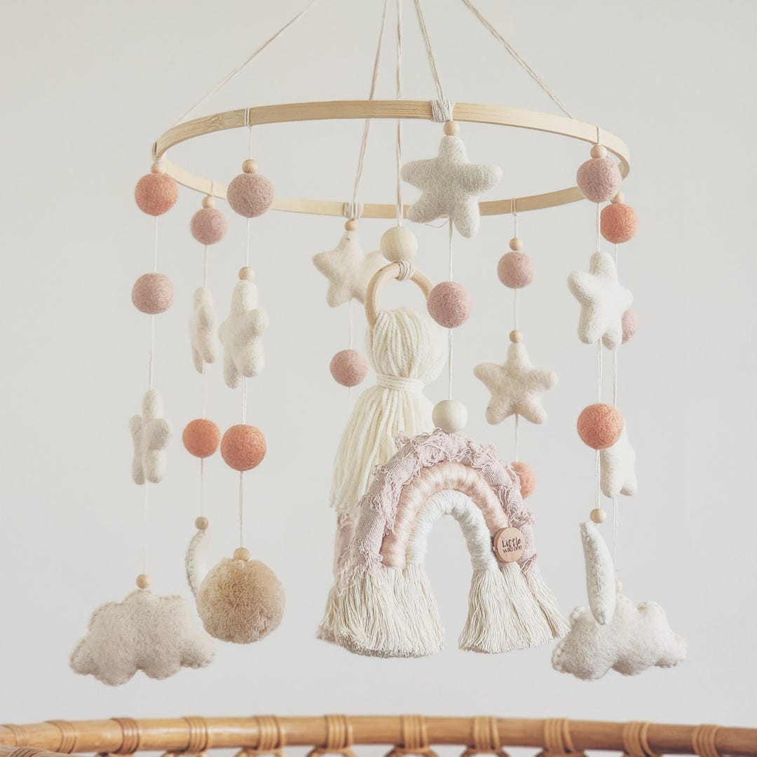 Celestial Baby Cot Mobile ~ Felt Moon, Clouds, Stars + Rainbows | Boho ...