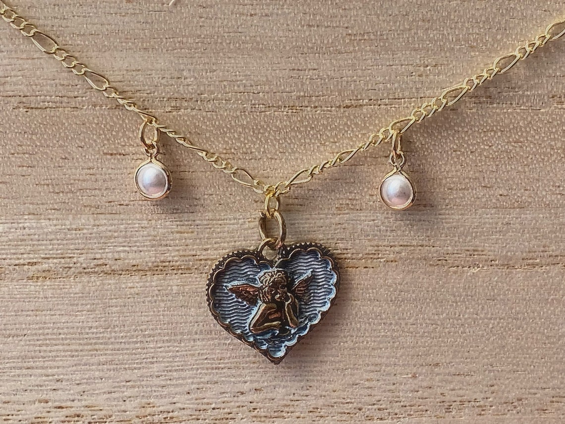 Heart Charm Cherub Necklace - Etsy