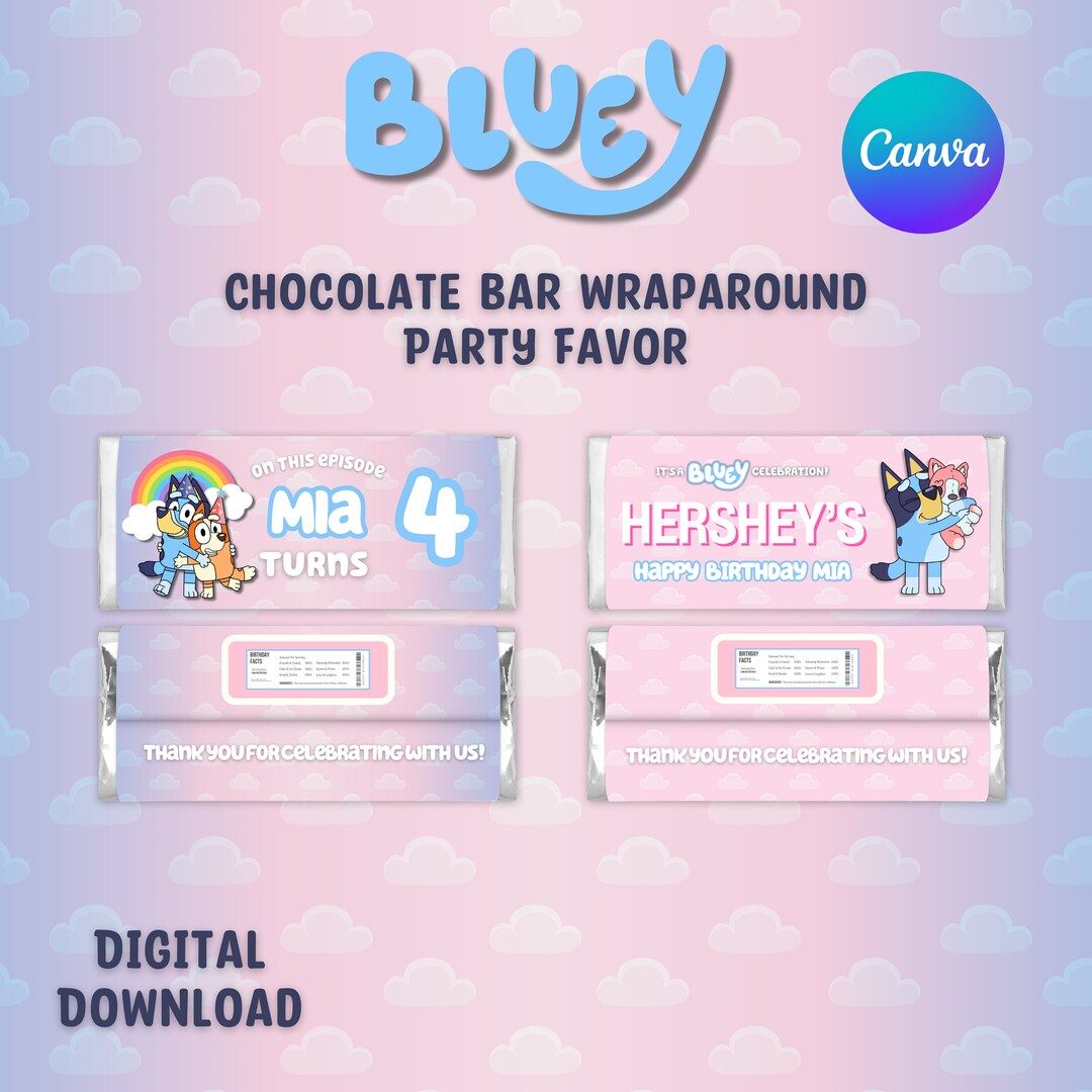 Bluey Hershey Bar Wraparound Party Favor, Customizable Chocolate Bar ...