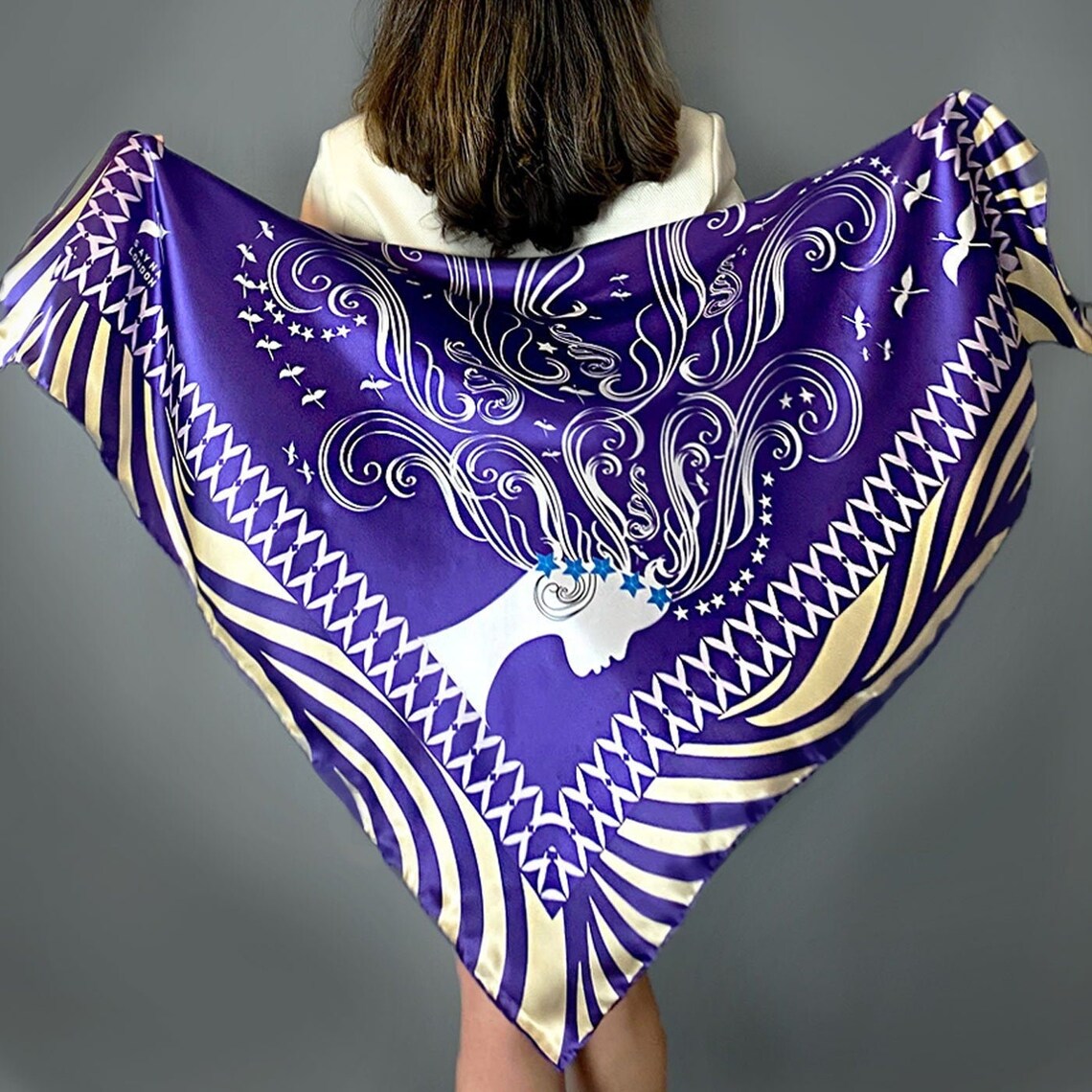 Luxury Square Purple Satin Silk Large Printed Scarves, Foulard Gift ...