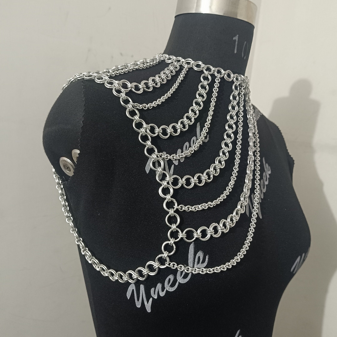 Chainmaille Unisex One Side Shoulder Jewelry, Silver Harness, Shoulder ...