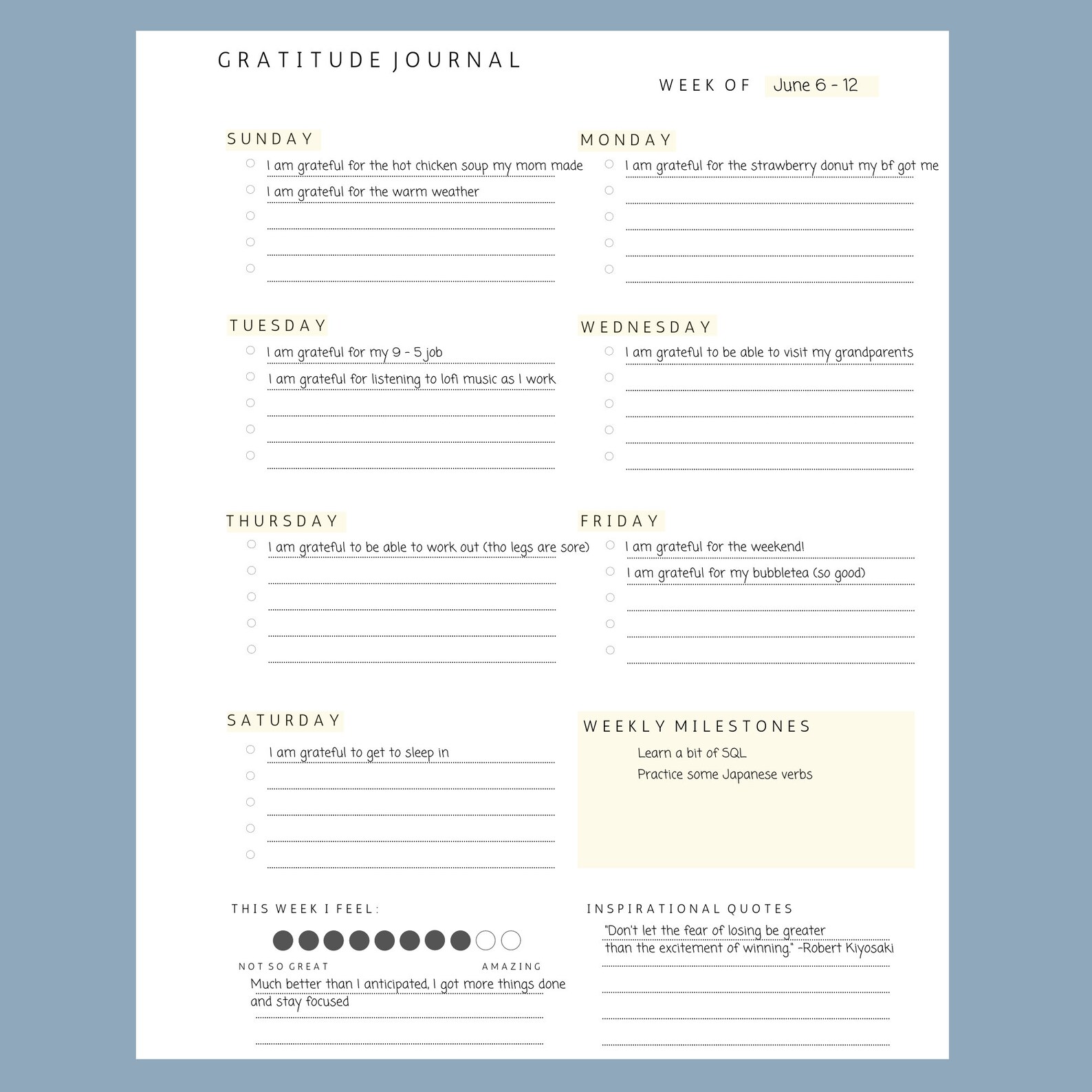 Weekly Gratitude Journal Printable | Daily Mental Health Check in ...