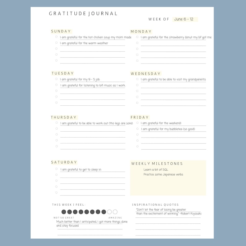 Weekly Gratitude Journal Printable | Daily Mental Health Check in ...