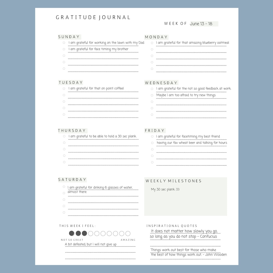 Weekly Gratitude Journal Printable | Daily Mental Health Check in ...