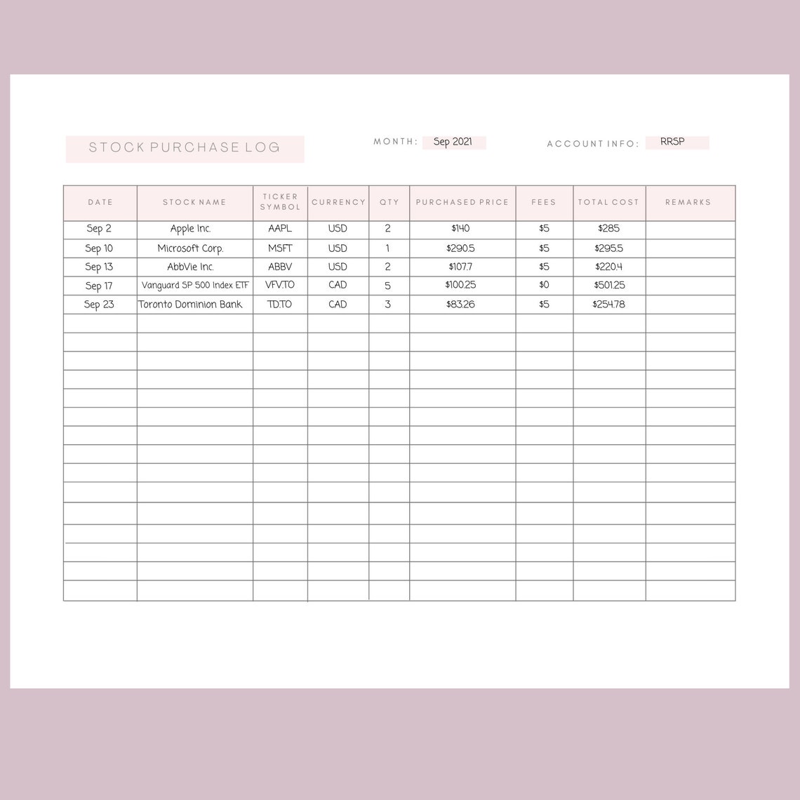 Stock Portfolio Tracker Printable | Stocks Performance Planner | Stock ...